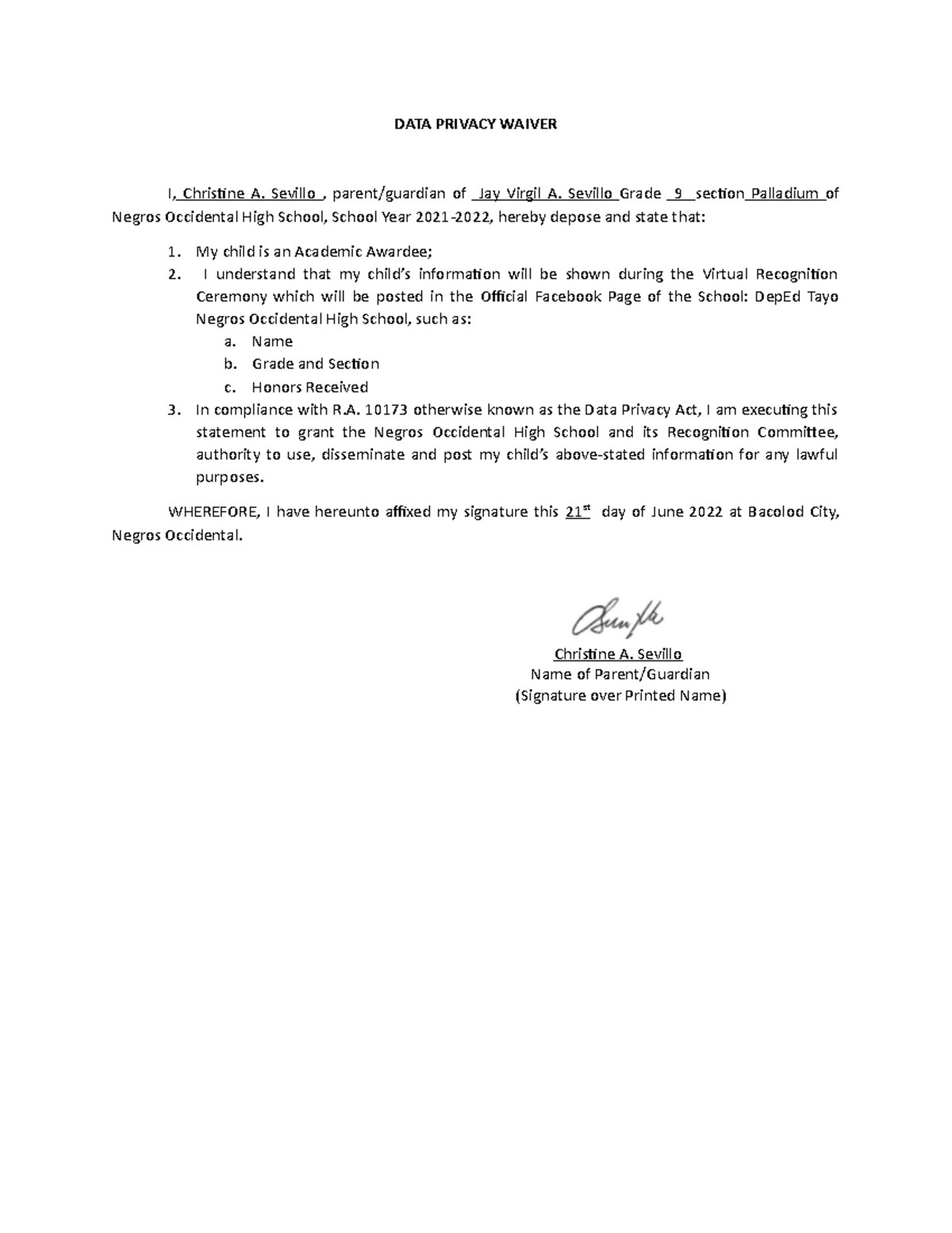 DATA- Privacy- Waiver - DATA PRIVACY WAIVER I, Christine A. Sevillo ...