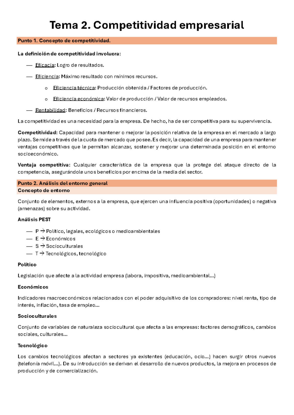 Tema 2 fade - resumen - Tema 2. Competitividad empresarial Punto 1. Concepto de competitividad ...