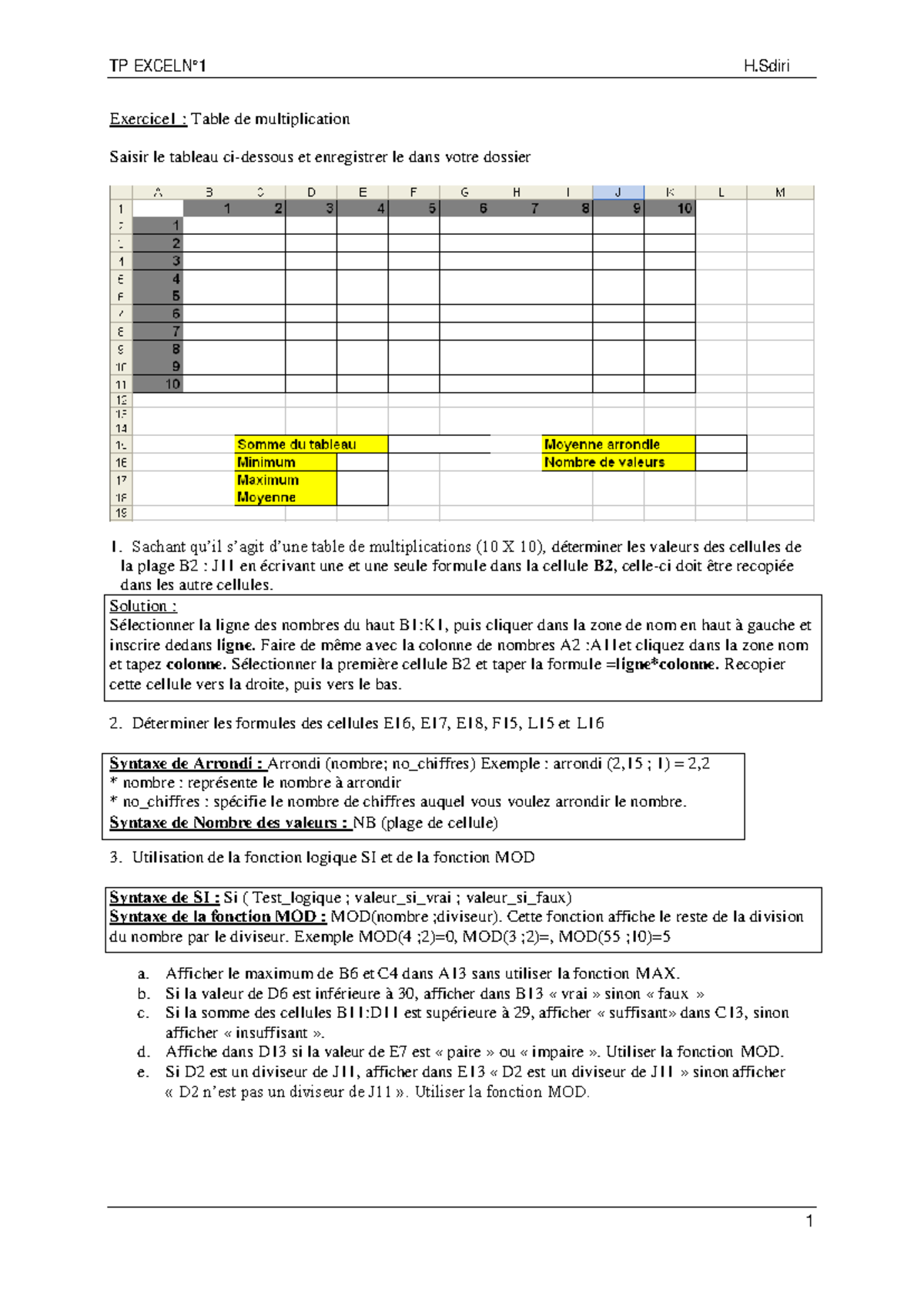 Tp1 excel - cours - TP EXCEL N° 1 H 1 Syntaxe de Arrondi : Arrondi (nombre; no_chiffres) Exemple ...