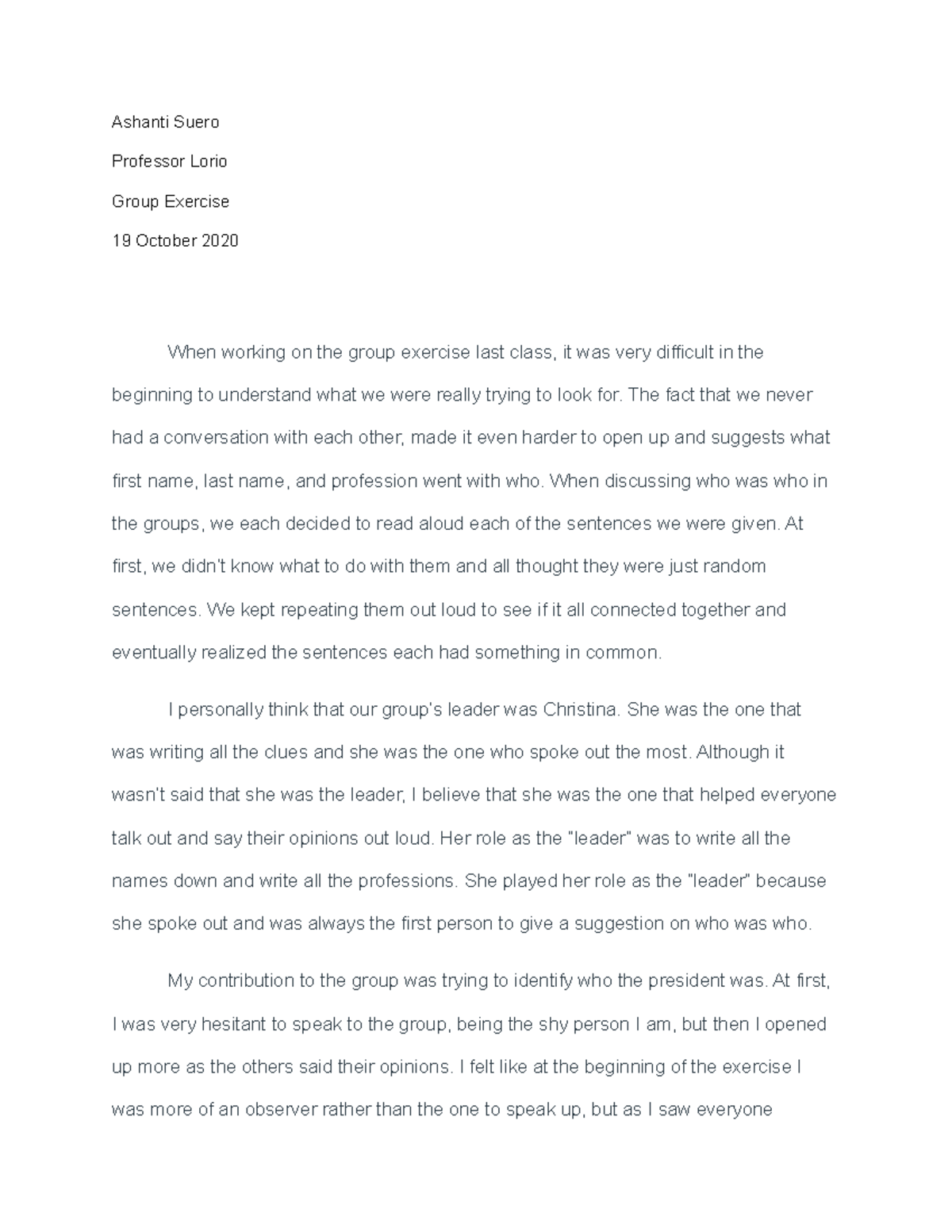 Group Exercise - Ashanti Suero Professor Lorio Group Exercise 19 ...