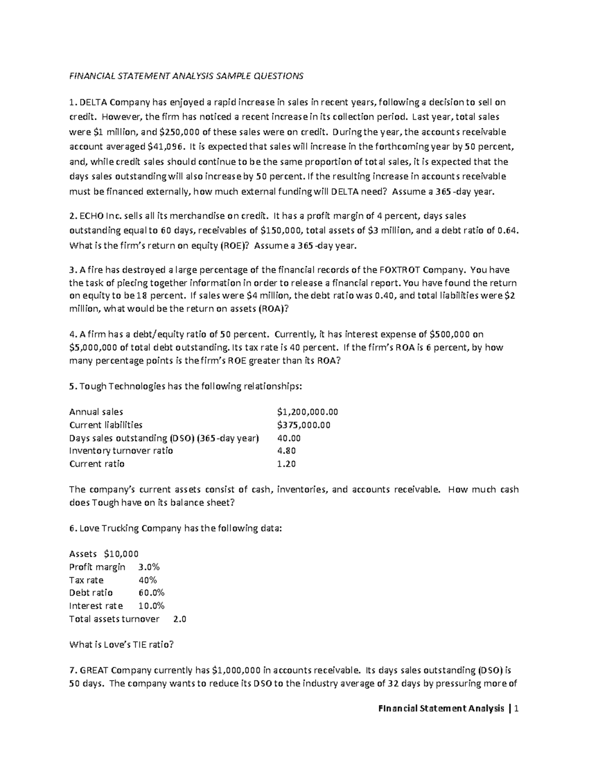 Financial Statement Analysis Sample Questions - FInancial Statement ...