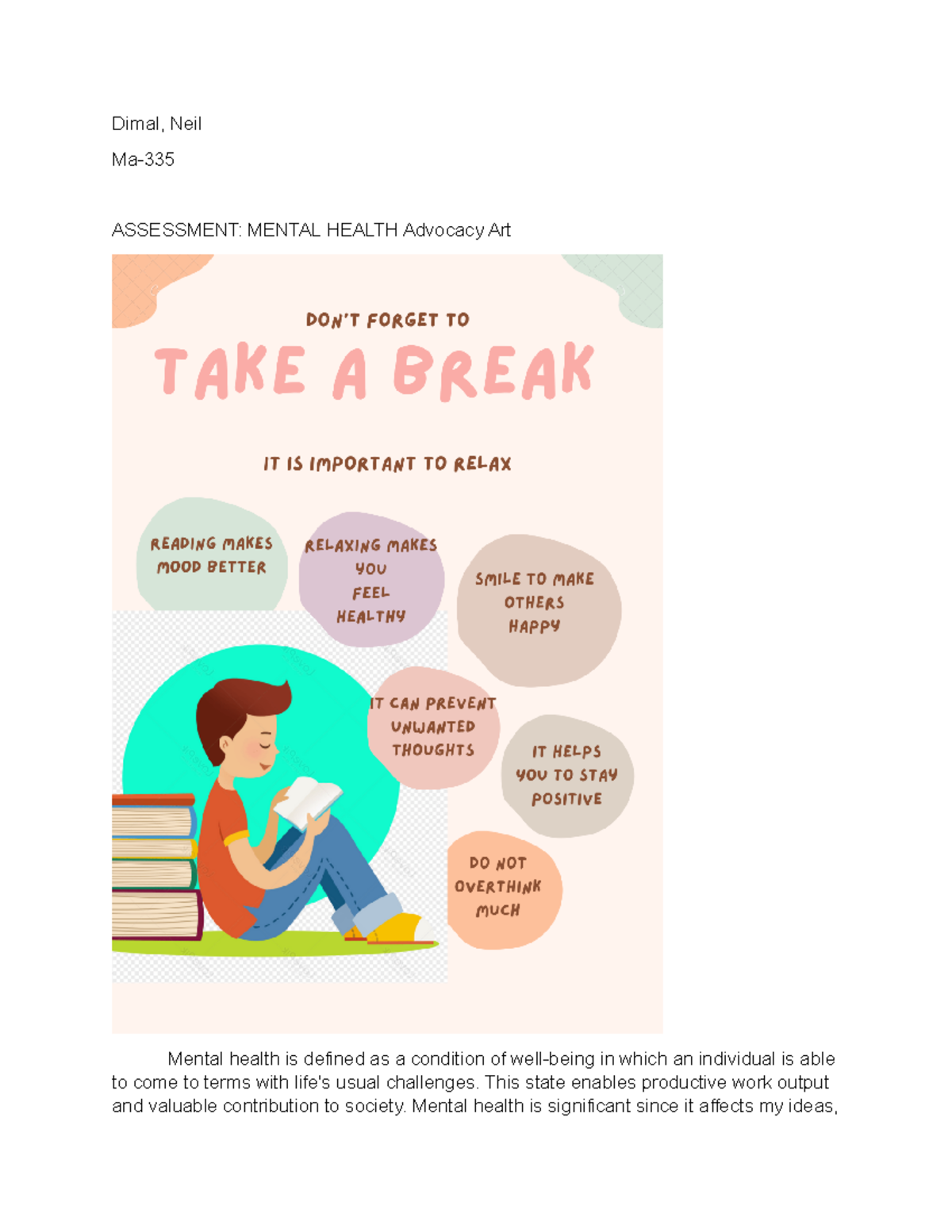 Art appreciation assignment - Dimal, Neil Ma- ASSESSMENT: MENTAL HEALTH ...