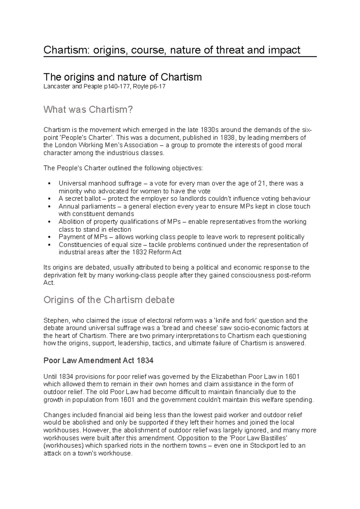 Chartism 1838-50 - Notes - Chartism: origins, course, nature of threat ...