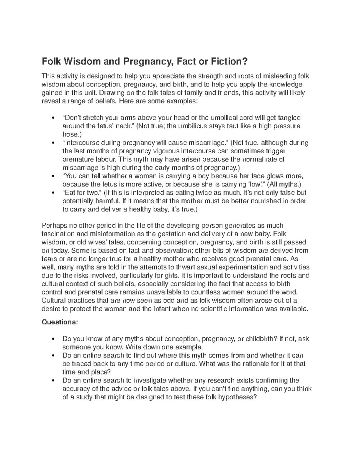 Unit 3 Discussion - Folk Wisdom and Pregnancy, Fact or Fiction? This ...