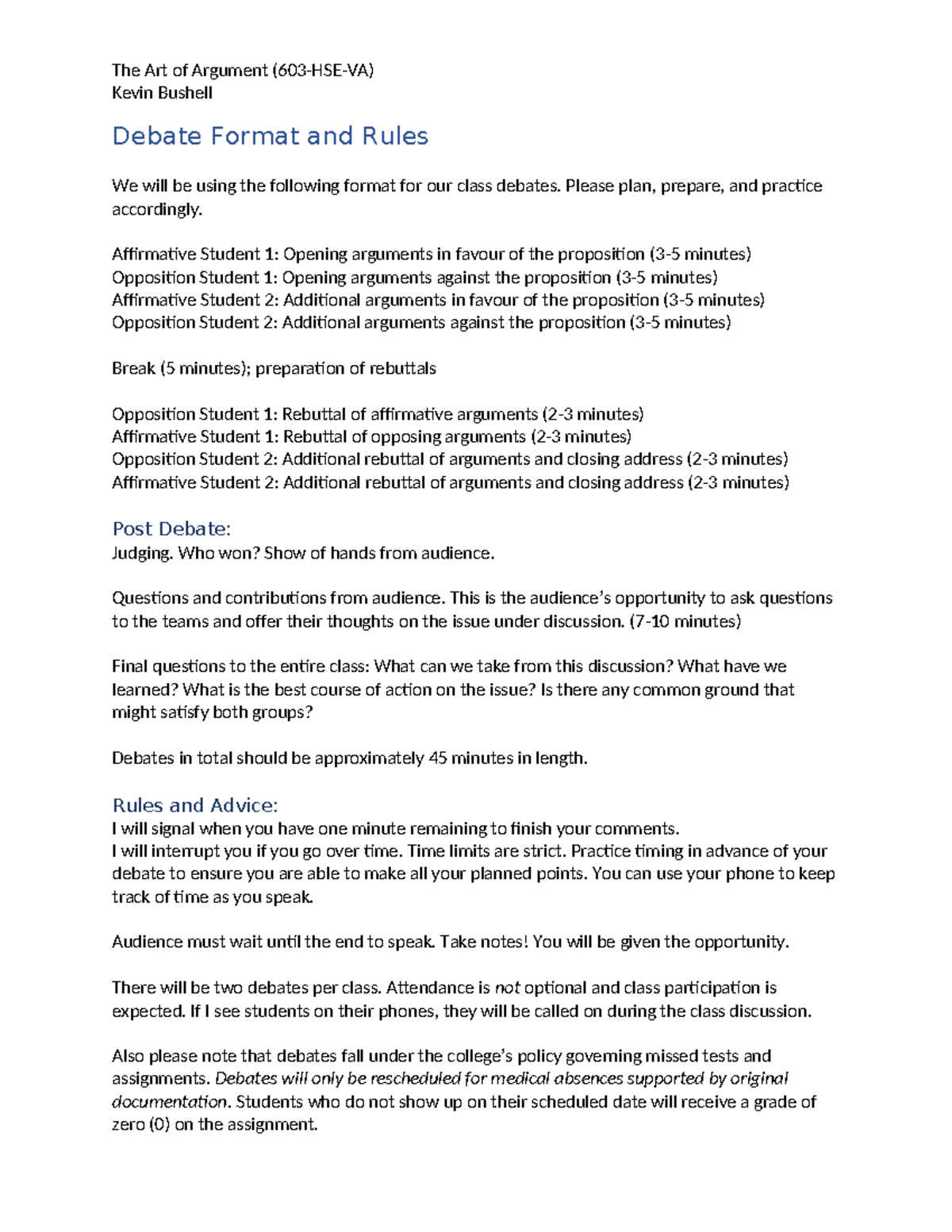 Debate Format - argumentative assignement - The Art of Argument (603-HSE-VA) Kevin Bushell ...