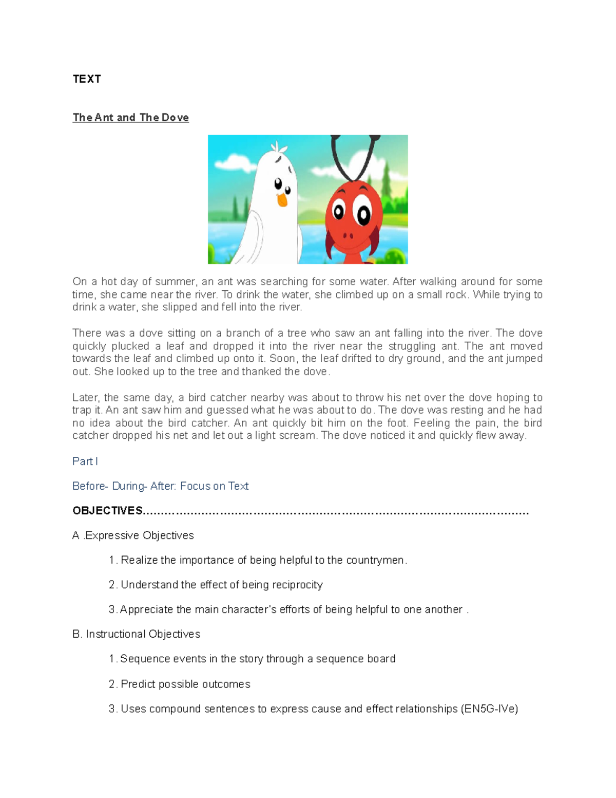 Lesson plan gr v - TEXT The Ant and The Dove On a hot day of summer, an ...