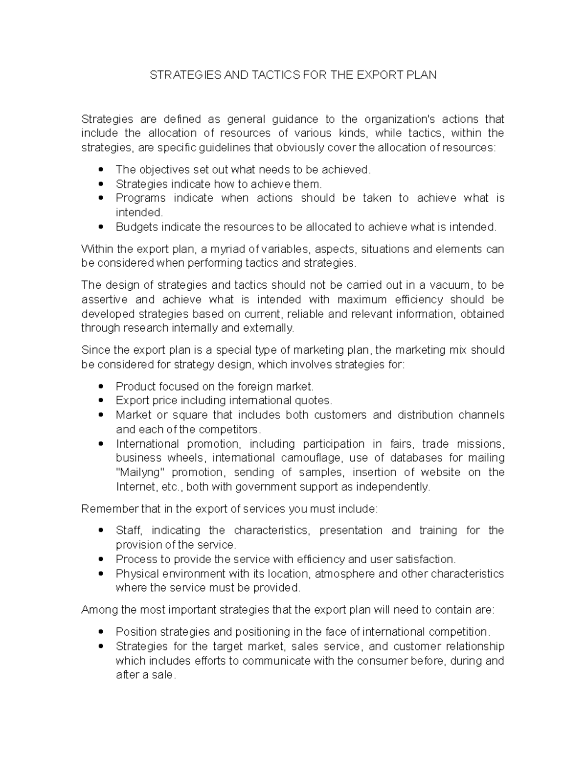 STRATEGIES AND TACTICS FOR THE EXPORT PLAN - STRATEGIES AND TACTICS FOR ...