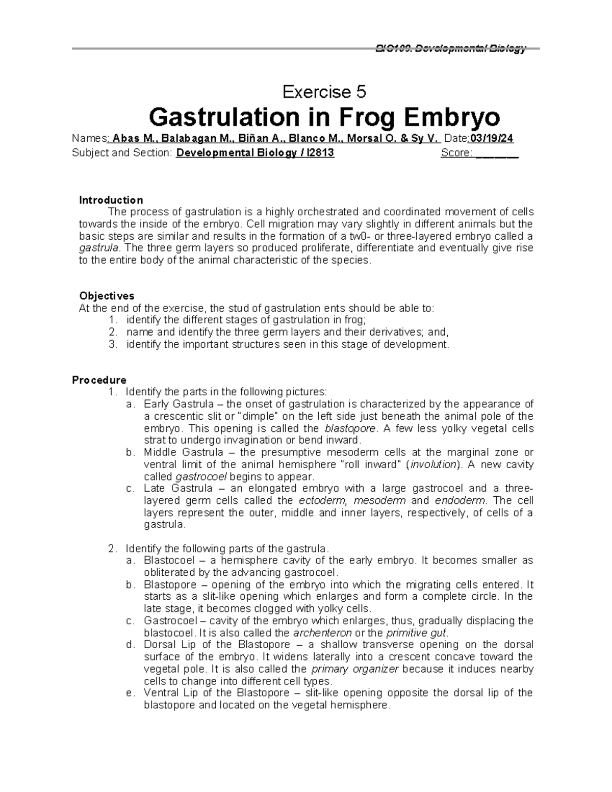 Exercise-5-Gastrulation-in-Frog-Embryo - Exercise 5 Gastrulation in ...