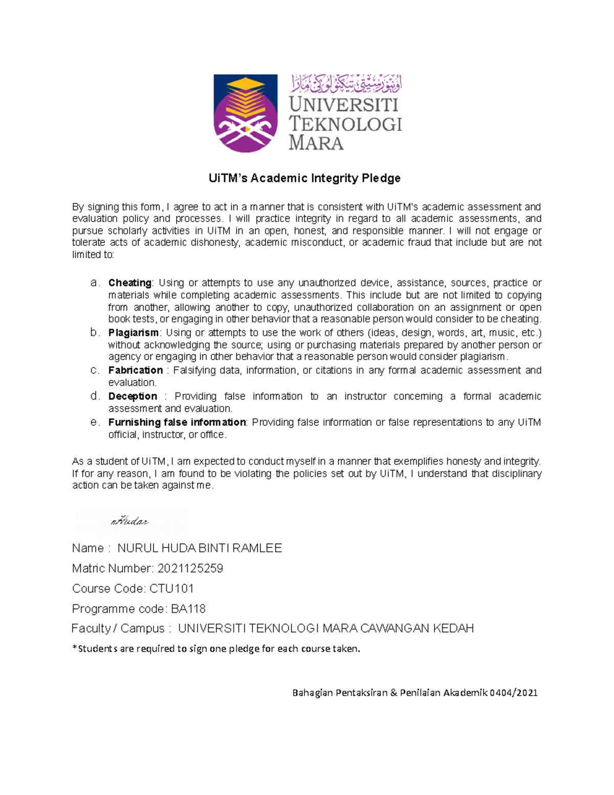 Students Academic Integrity Pledge - UiTM’s Academic Integrity Pledge ...