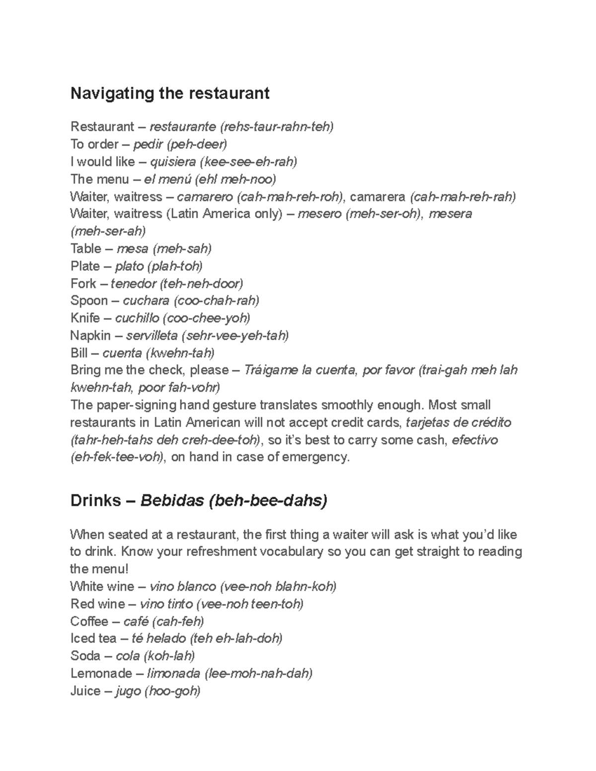 Spanish Vocabulary – Restaurant - Navigating the restaurant Restaurant ...