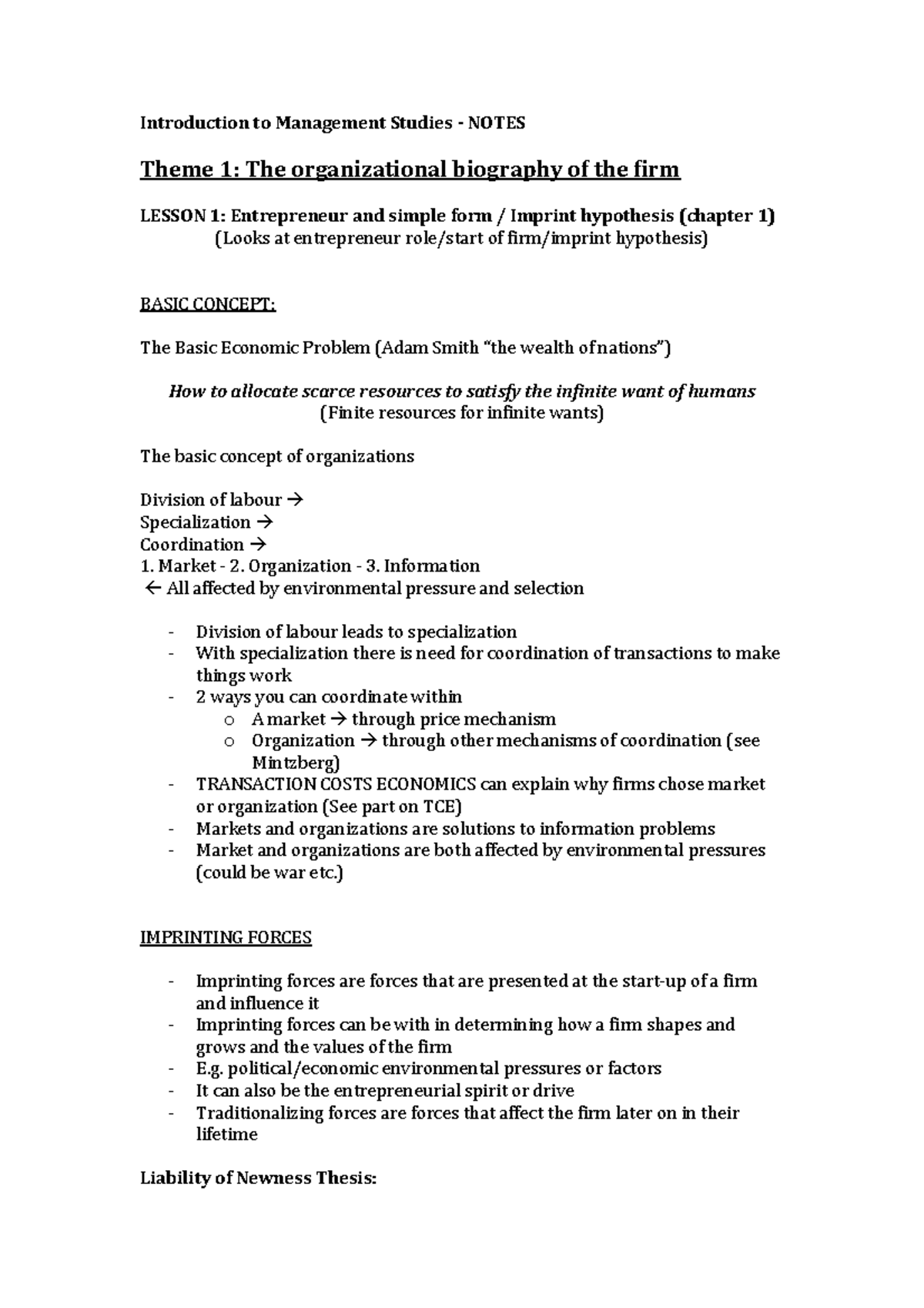 Lecture notes, lectures 1-9 - Lecture notes introduction to management ...
