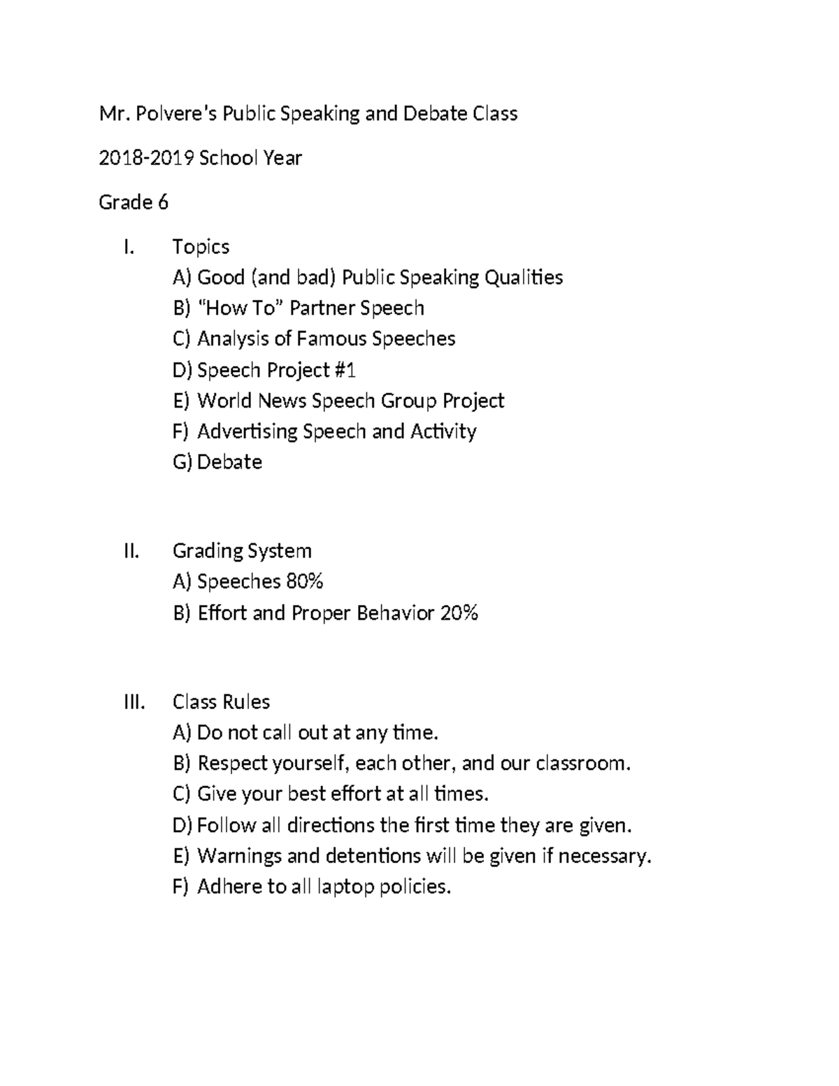 Public Speaking Class Outline Grade 6 - Mr. Polvere’s Public Speaking ...