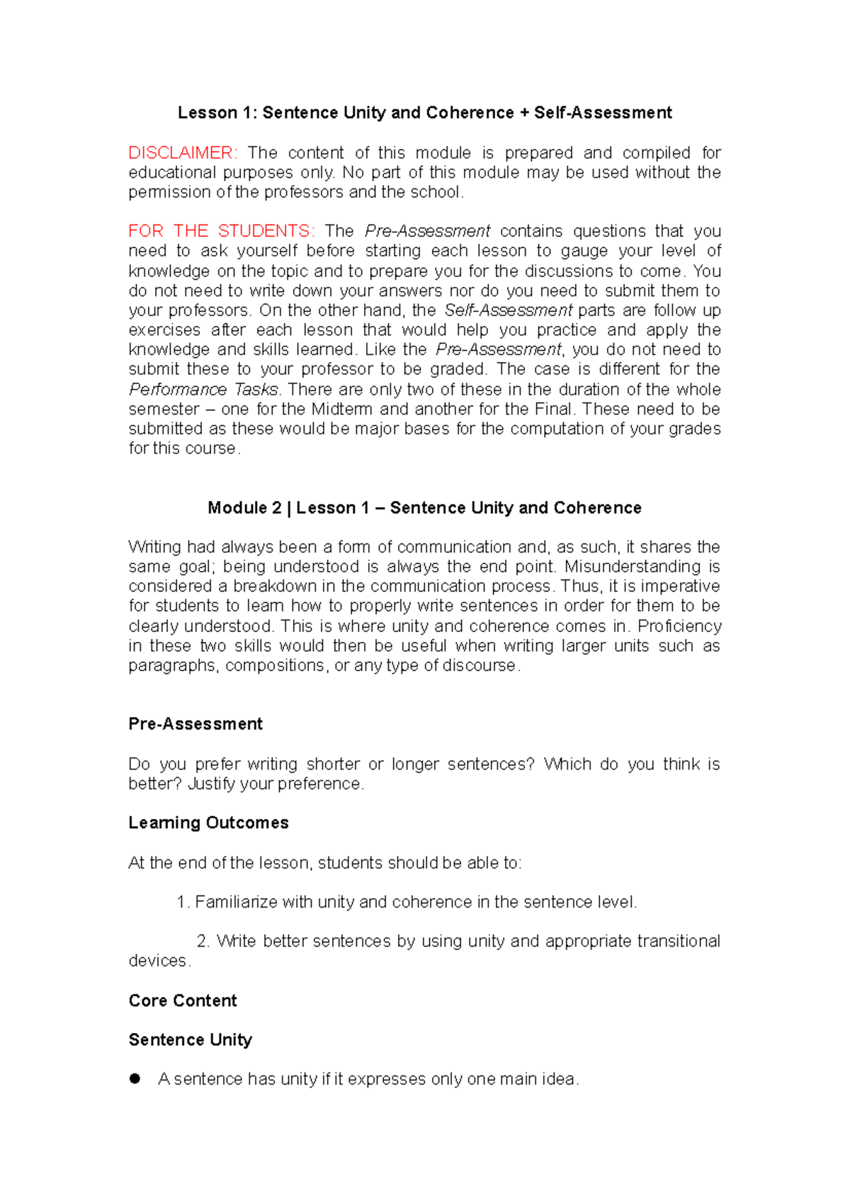 EPR- Module-2 for accountancy students - Lesson 1: Sentence Unity and ...