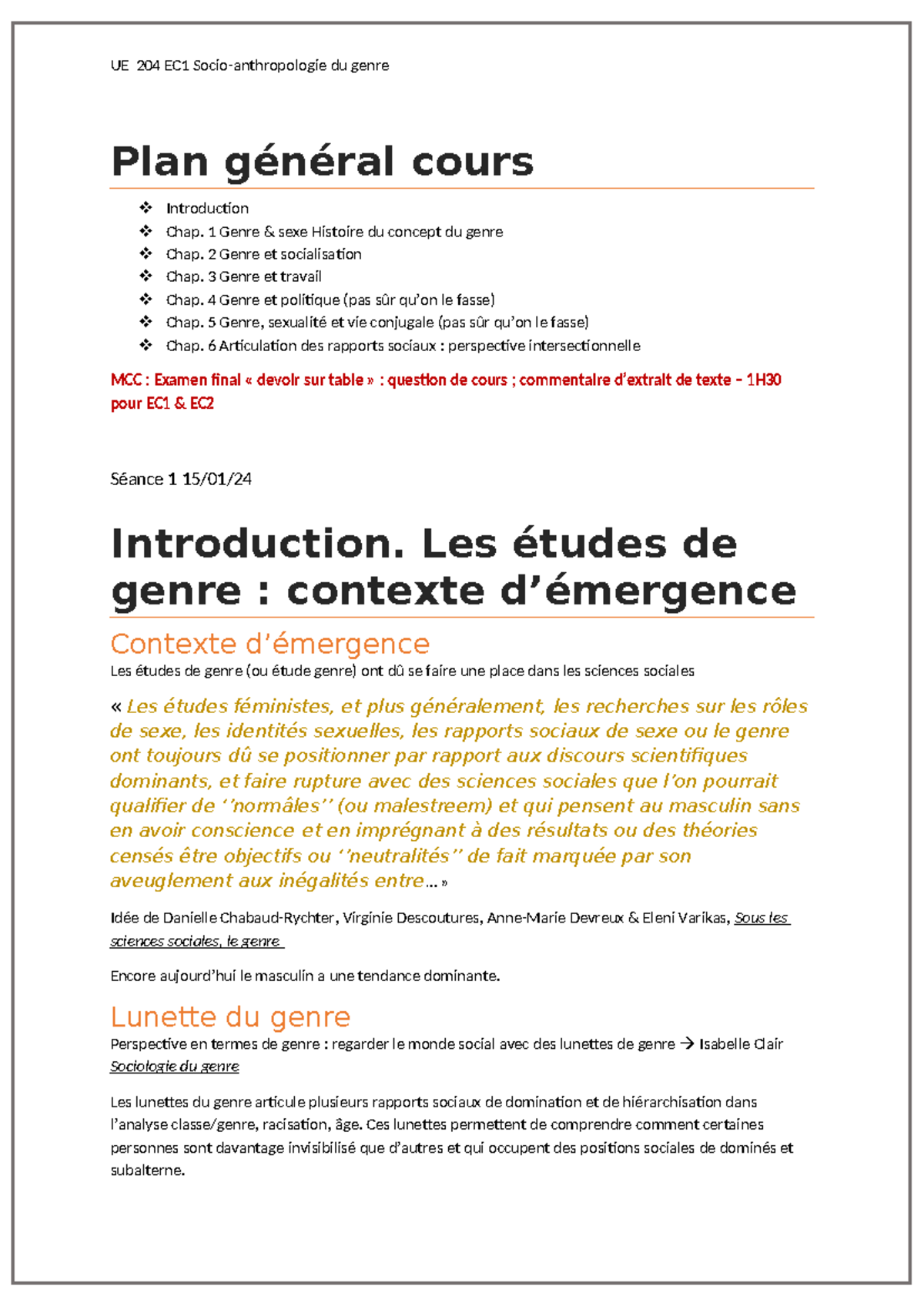 Socio-anthropologie du genre CMs - UE 204 EC1 Socio-anthropologie du genre Plan général cours ...