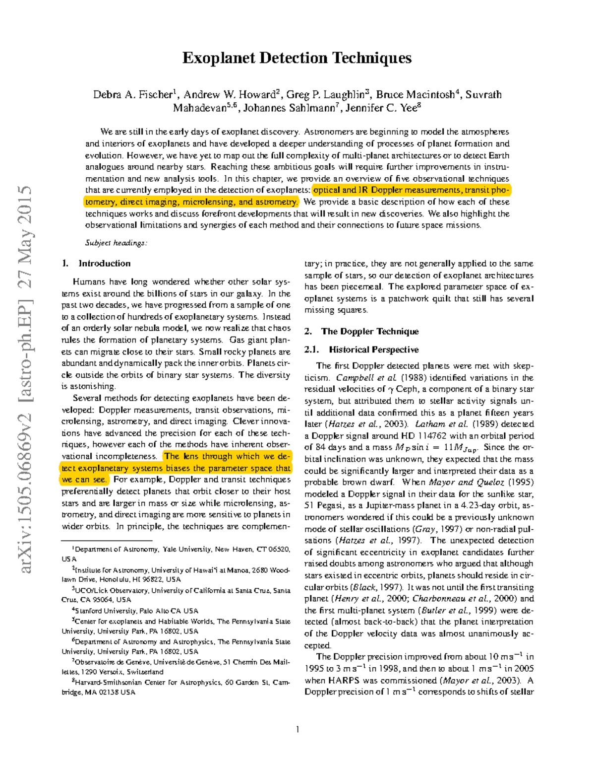 Fischer et al. (2015 ) - Paper - Exoplanet Detection Techniques Debra A ...
