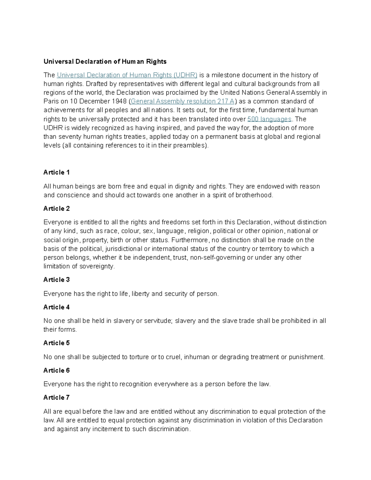 Universal Univeral Declaration of Human Rights - Universal Declaration ...