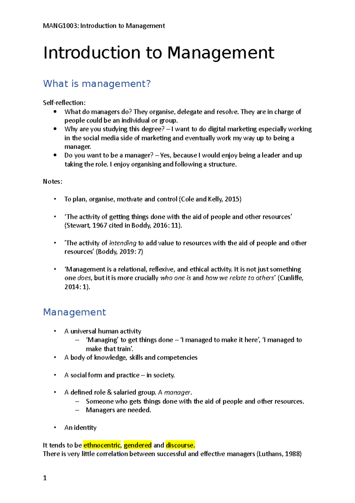 Introduction to Management - MANG1003 - Southampton - Studocu