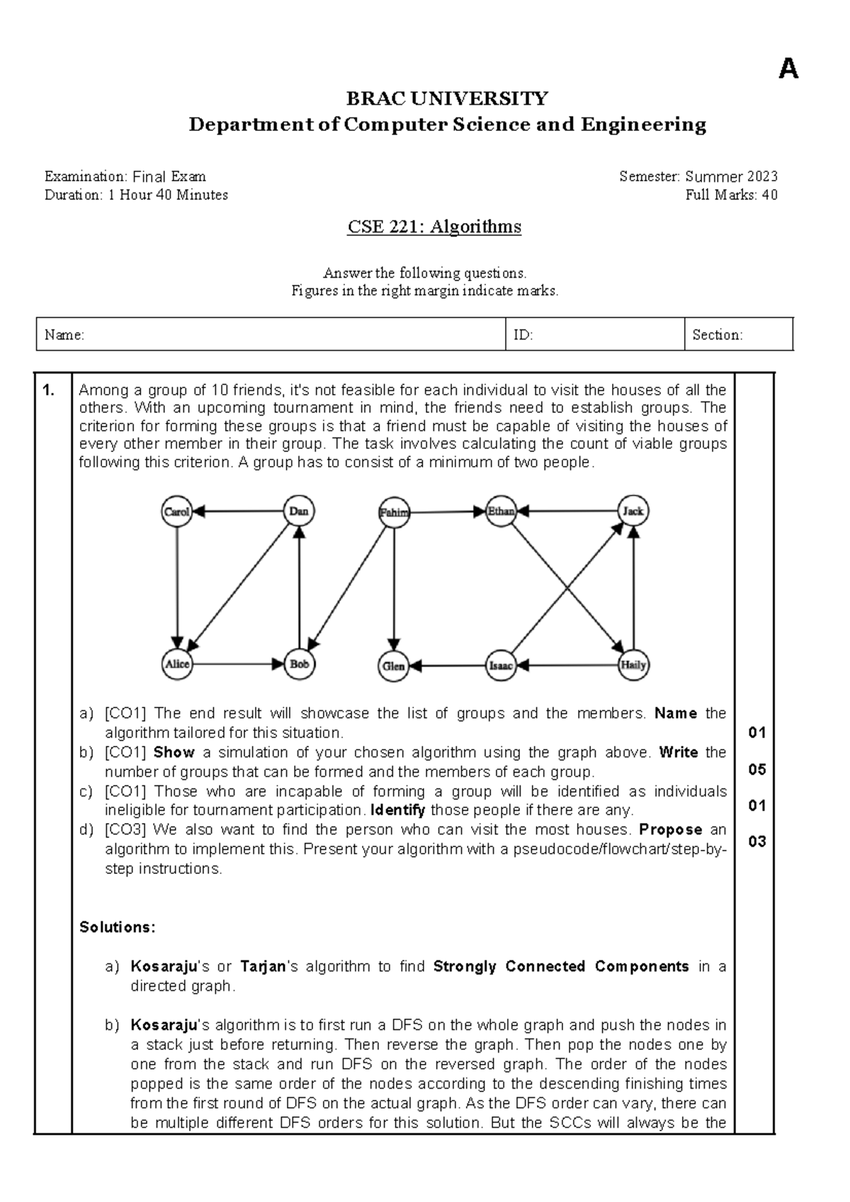 Cse221 Summer 23 Final Solution A Brac University Department Of Computer Science And