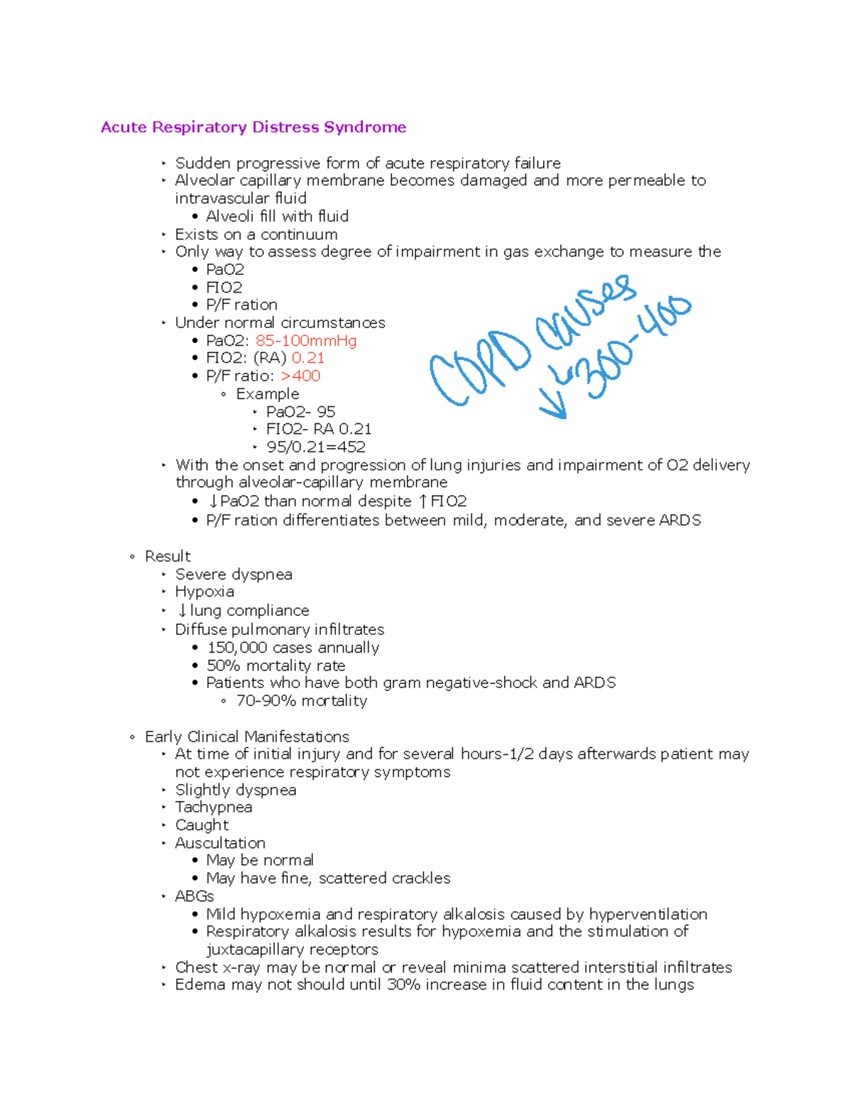 ARDS - my own person typed out notes from lecture and the PowerPoints ...