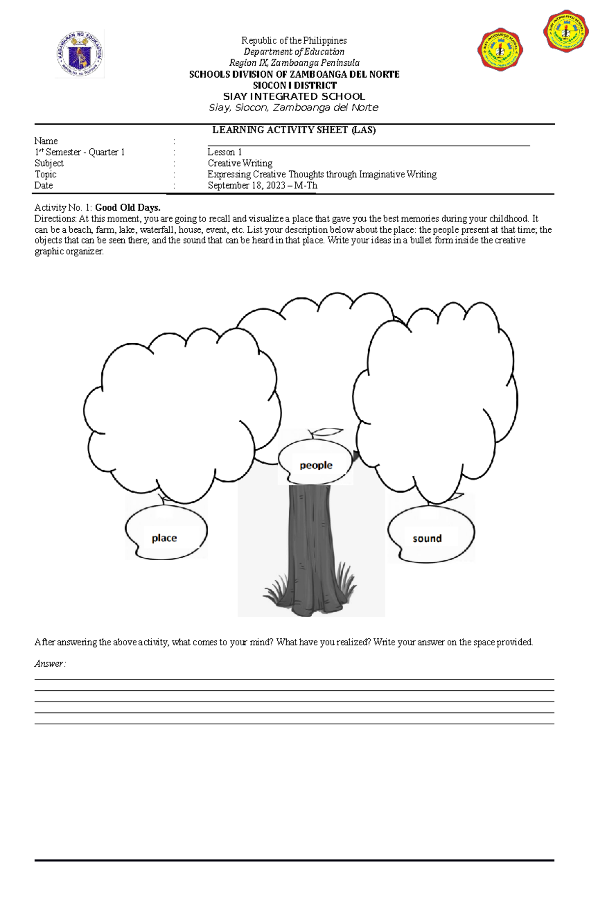 LAS - Learning Activity Sheet - Republic of the Philippines Department of Education Region IX ...