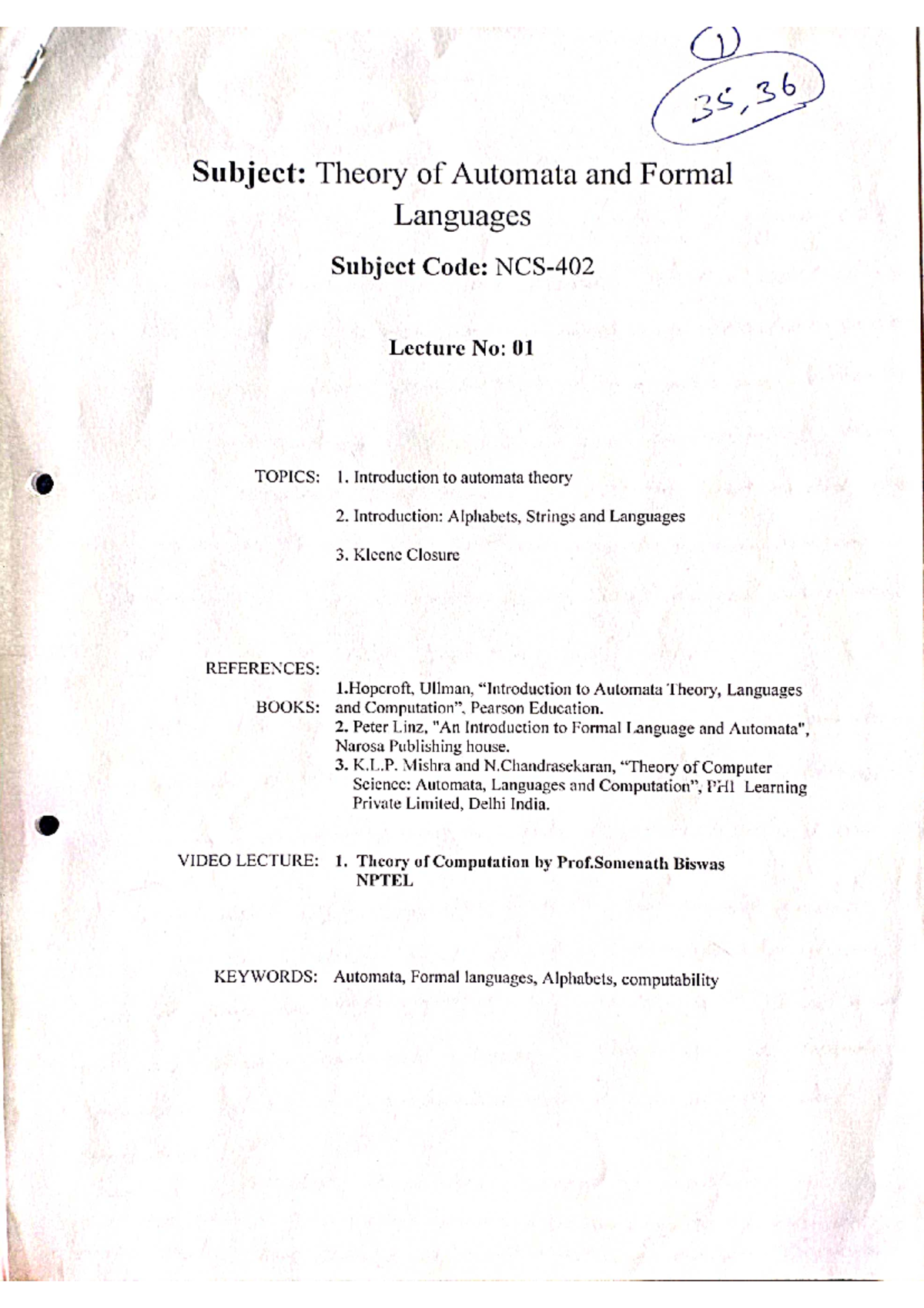 Lecture 1 2 (Unit - 1) - Theory Of Automata & Formal Languages - Studocu
