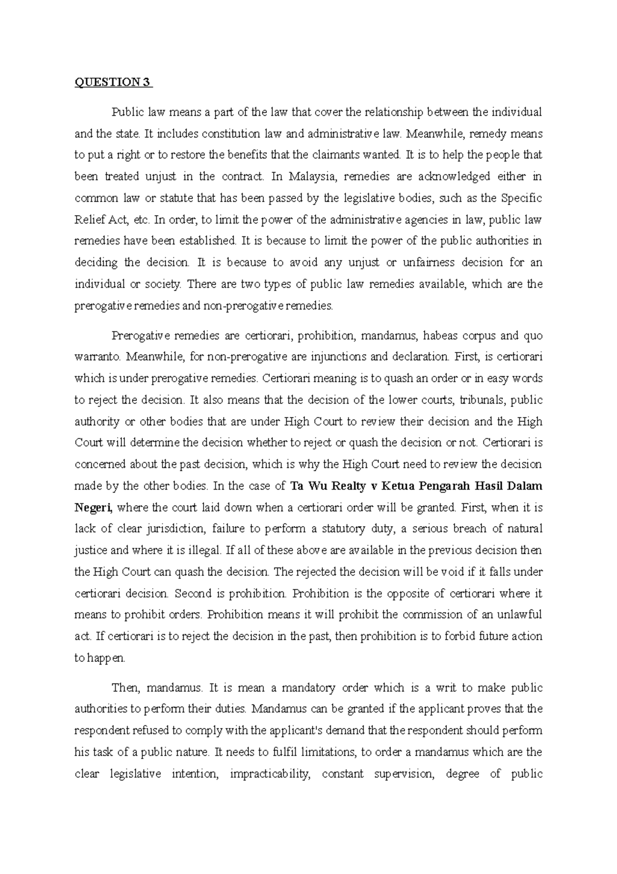 Admin assignment - QUESTION 3 Public law means a part of the law that ...