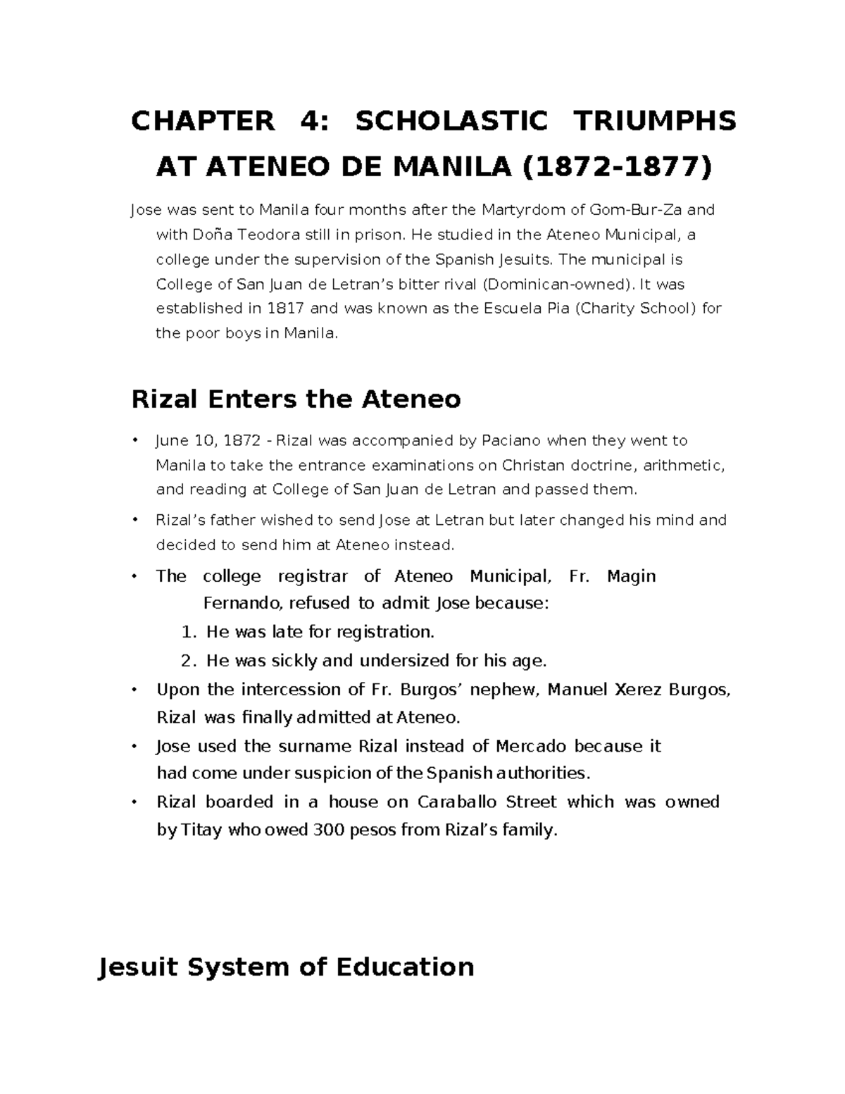 Rizal Chapter 4 and 5 - CHAPTER 4: SCHOLASTIC TRIUMPHS AT ATENEO DE MANILA (1872-1877) Jose was ...