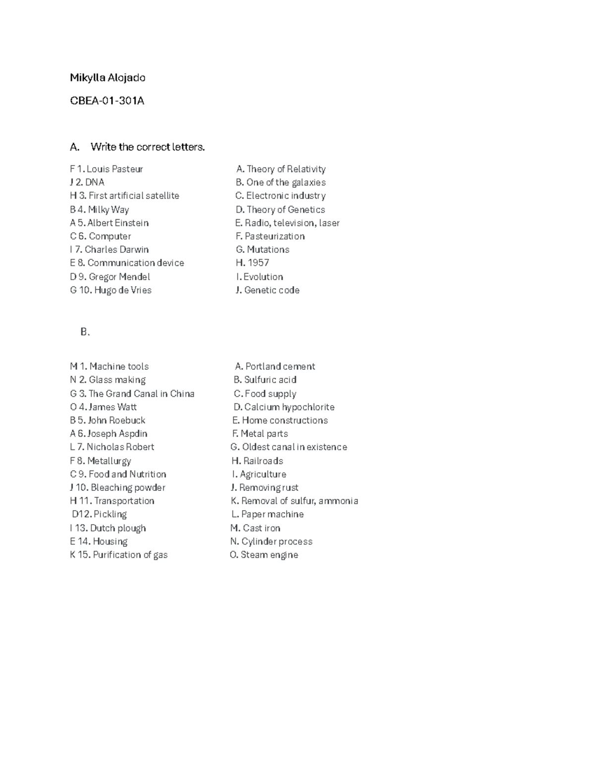 ACTIVITY 2_ARTS - Mikylla Alojado CBEA- 01 - 301A A. Write the correct ...