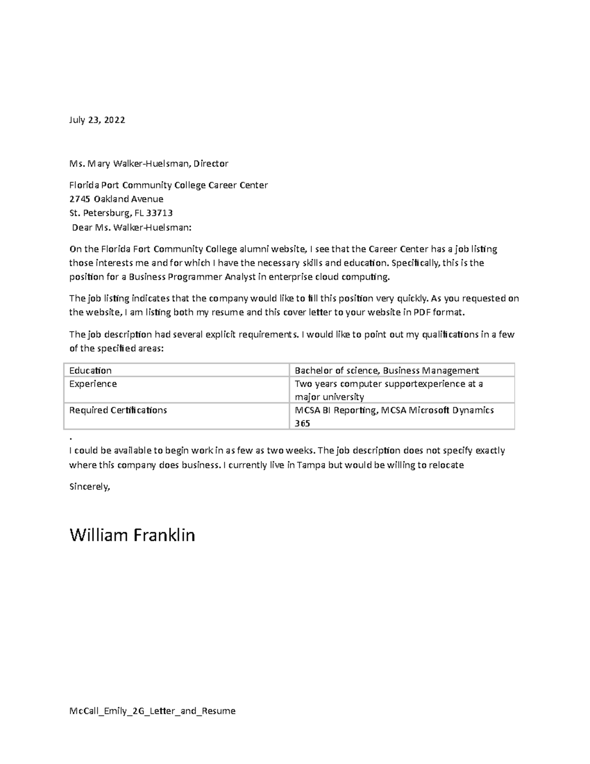 Mc Call Emily 2G Letter and Resume - July 23, 2022 Ms. Mary Walker ...