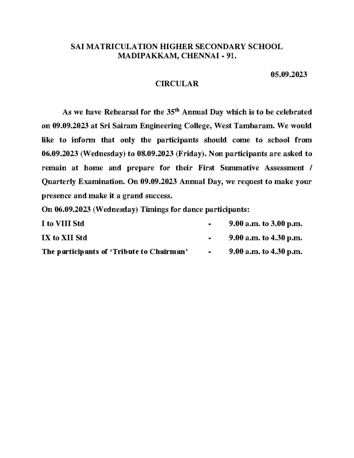 Circular - 111 - SAI MATRICULATION HIGHER SECONDARY SCHOOL MADIPAKKAM, CHENNAI - 91. 05 ...