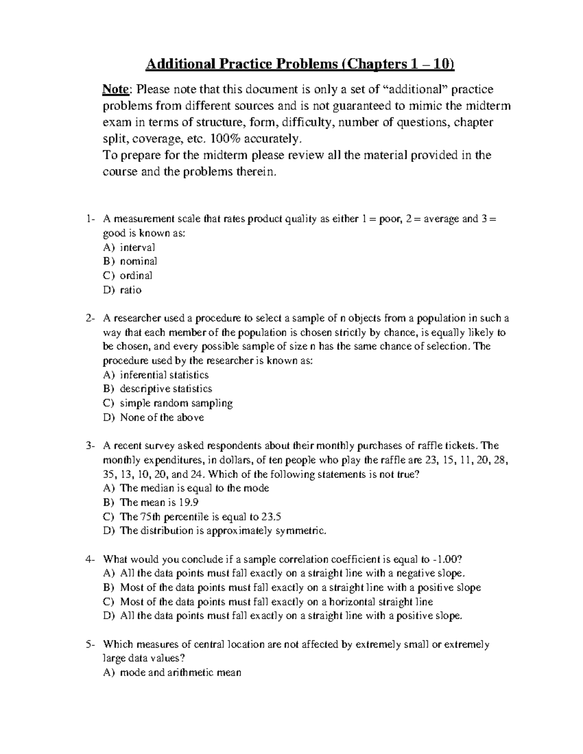 Additional Practice Problems - 100% accurately. To prepare for the midterm please review all the ...