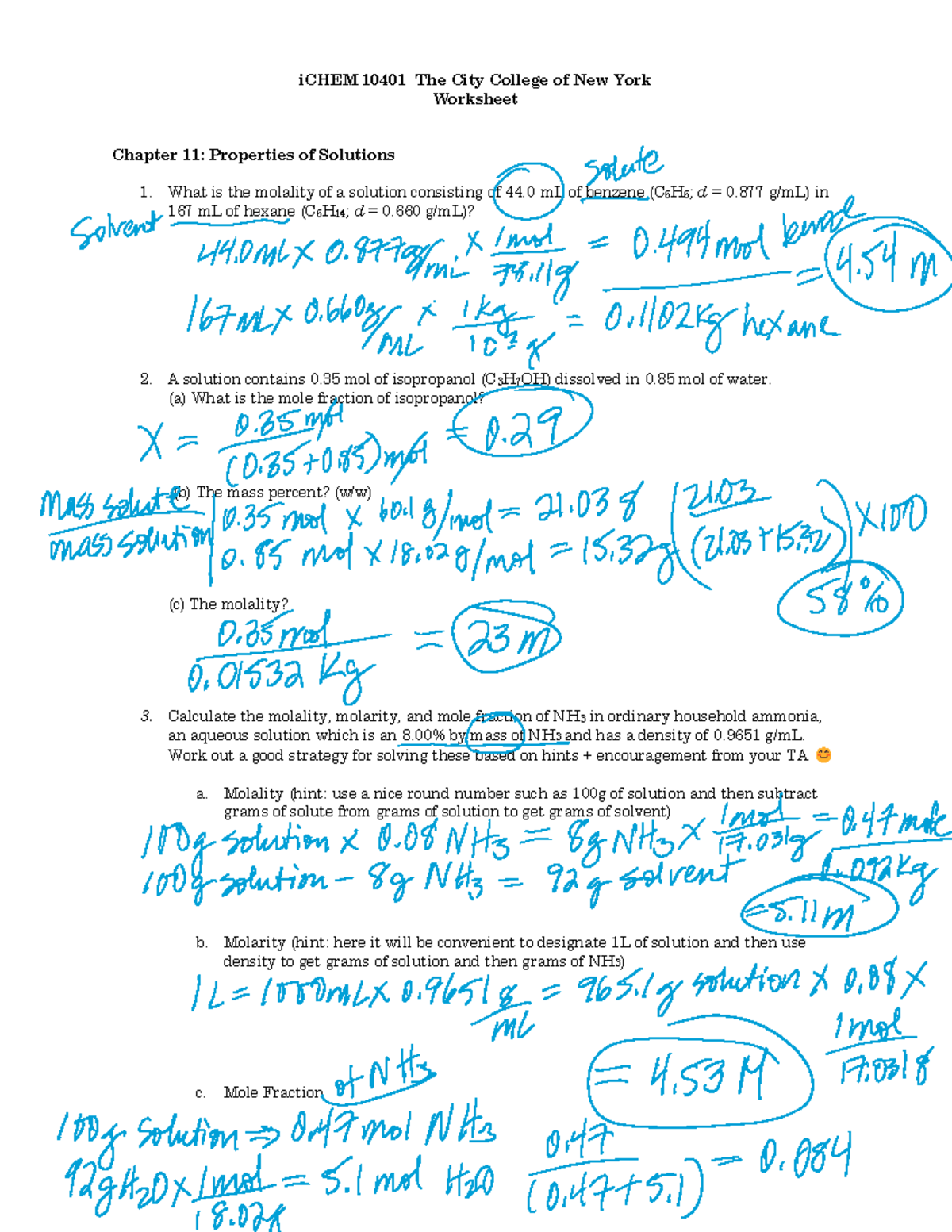 Chem104 CH11 Solutions WS solutions - iCHEM 10401 The City College of ...