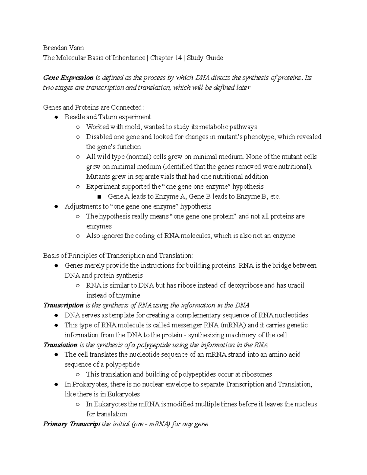 Chapter 14 Study Guide - Brendan Vann The Molecular Basis of ...