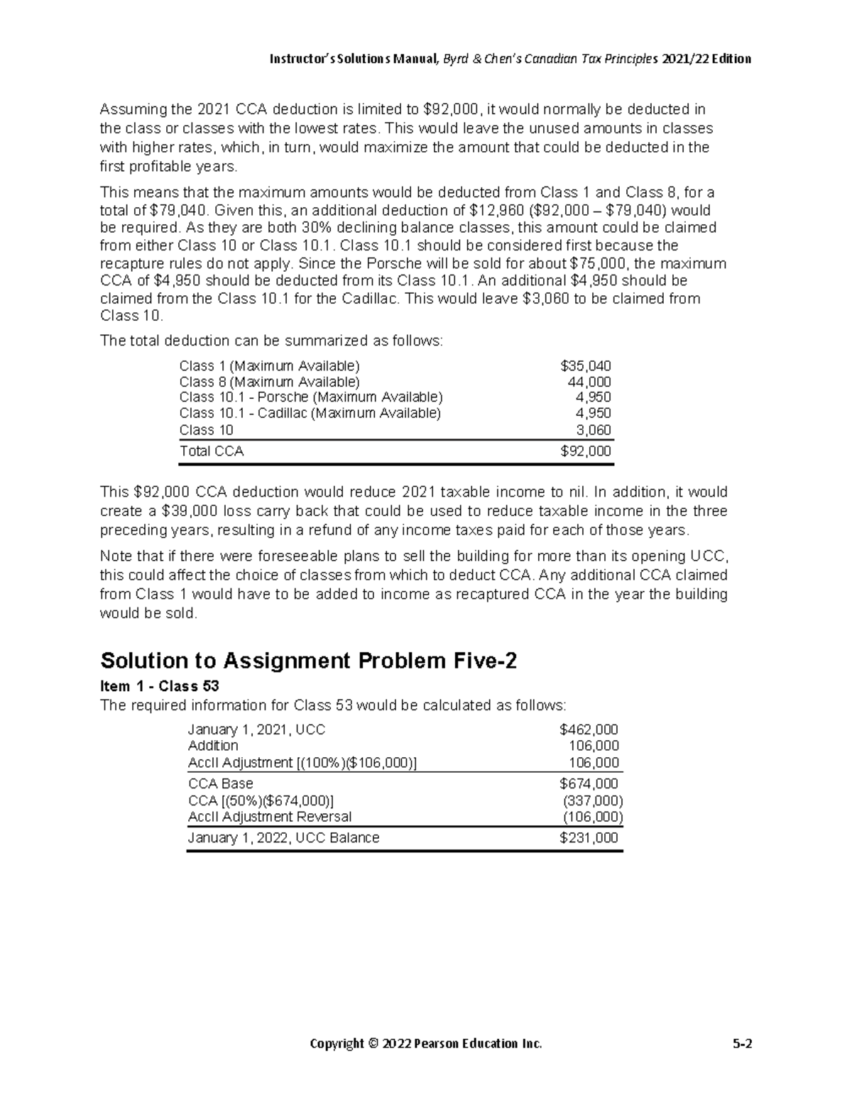 Tax Chapter 5 Assingment Solutions - Assuming the 2021 CCA deduction is ...