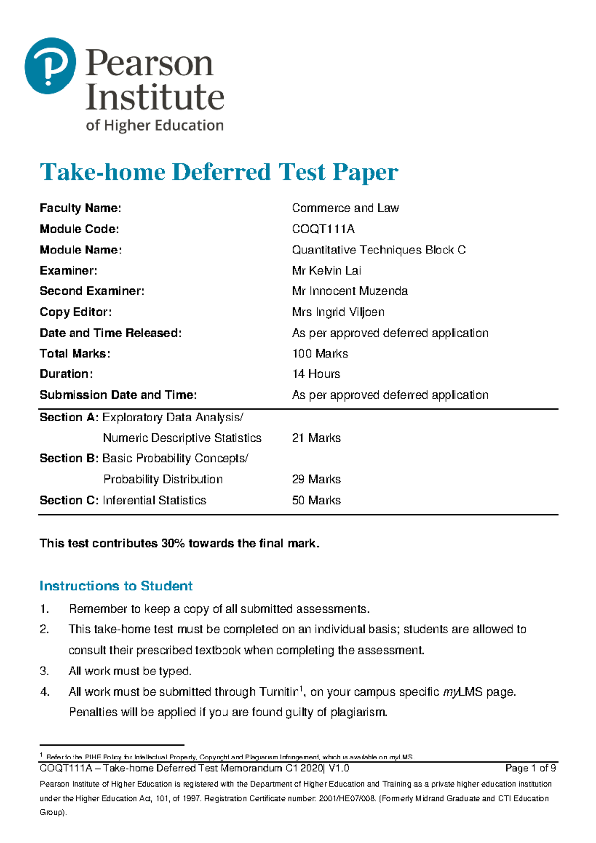 2020x COQT111A – Deferred Take-home Test – Paper C1 2020 (V1 - COQT111A ...