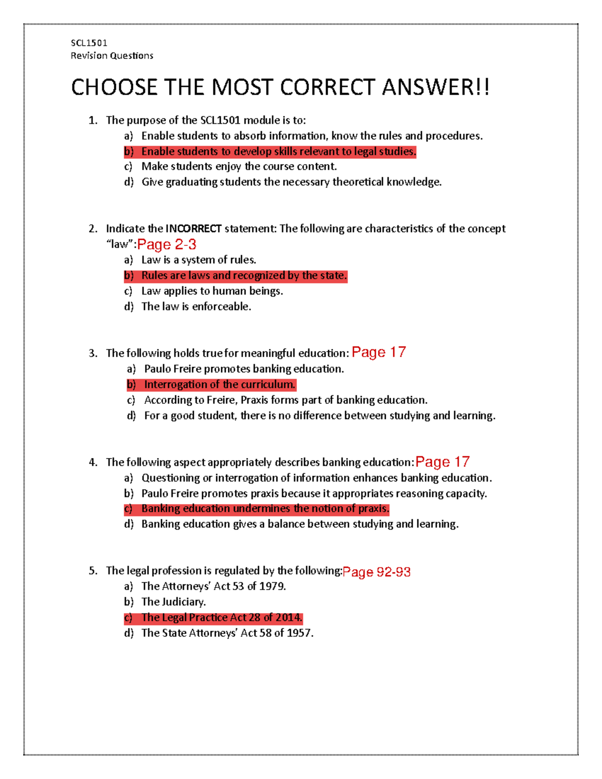 SCL1501 MCQ 02-MEMO - Revision Questions CHOOSE THE MOST CORRECT ANSWER ...