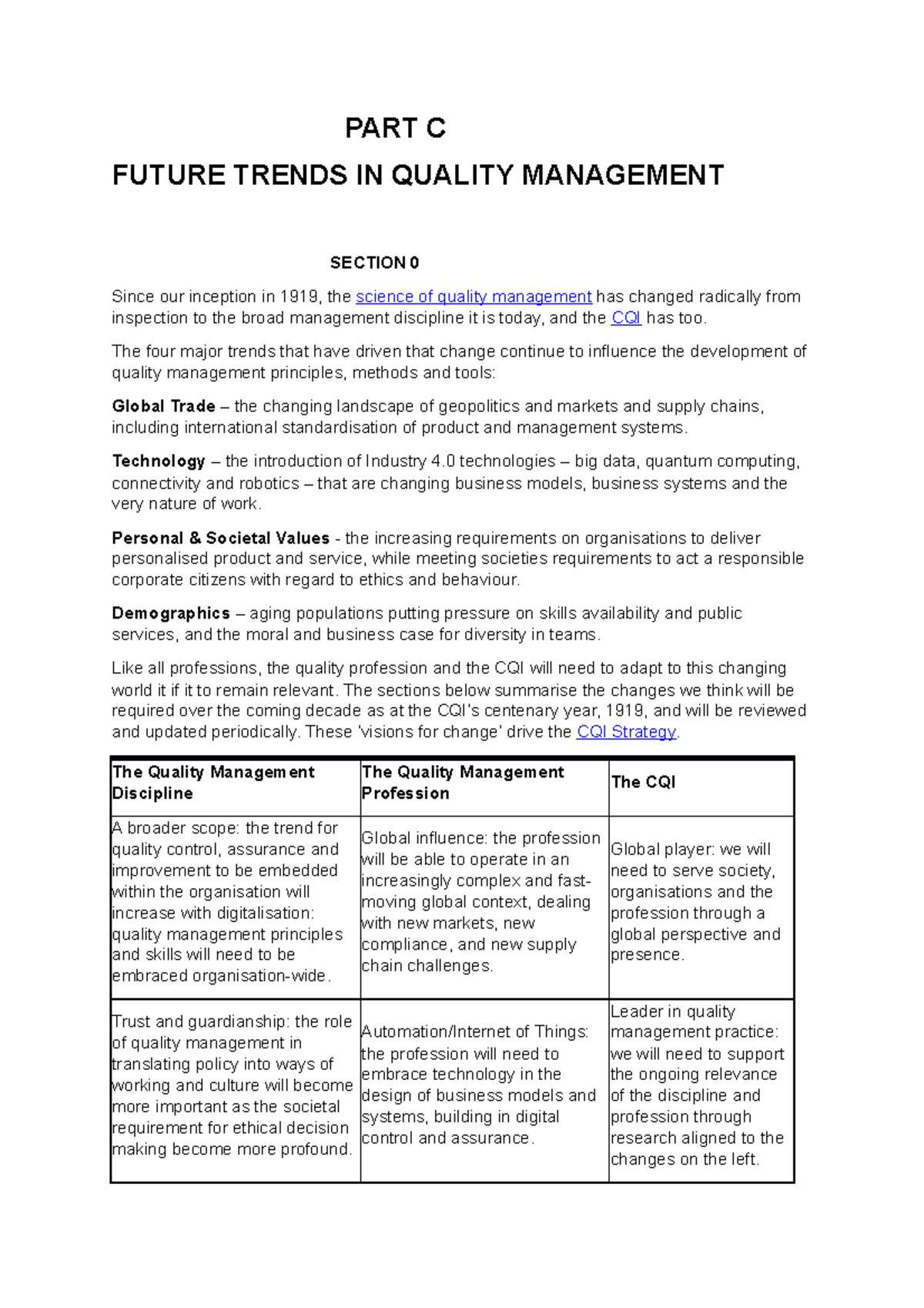 MENG Currents Trends IN Quality Management - PART C FUTURE TRENDS IN ...
