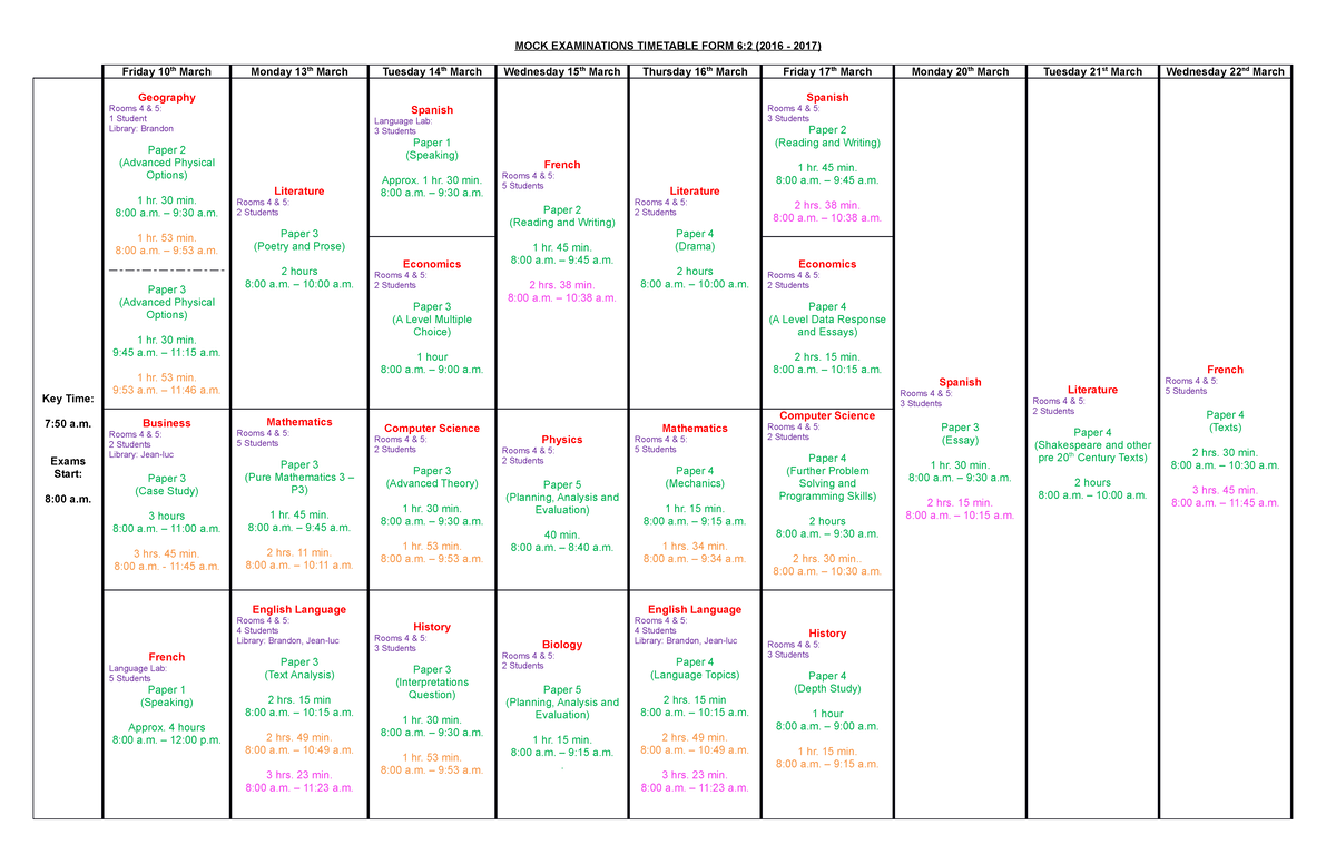 MOCK Examinations Timetable Form Upper 6 2016 - 2017 - MOCK ...