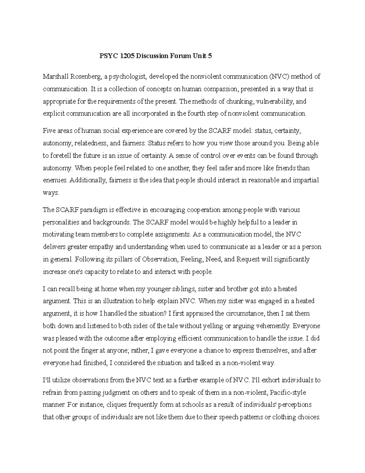 PSYC 1205 Discussion Assigment 5 - PSYC 1205 Discussion Forum Unit 5 Marshall Rosenberg, a - Studocu