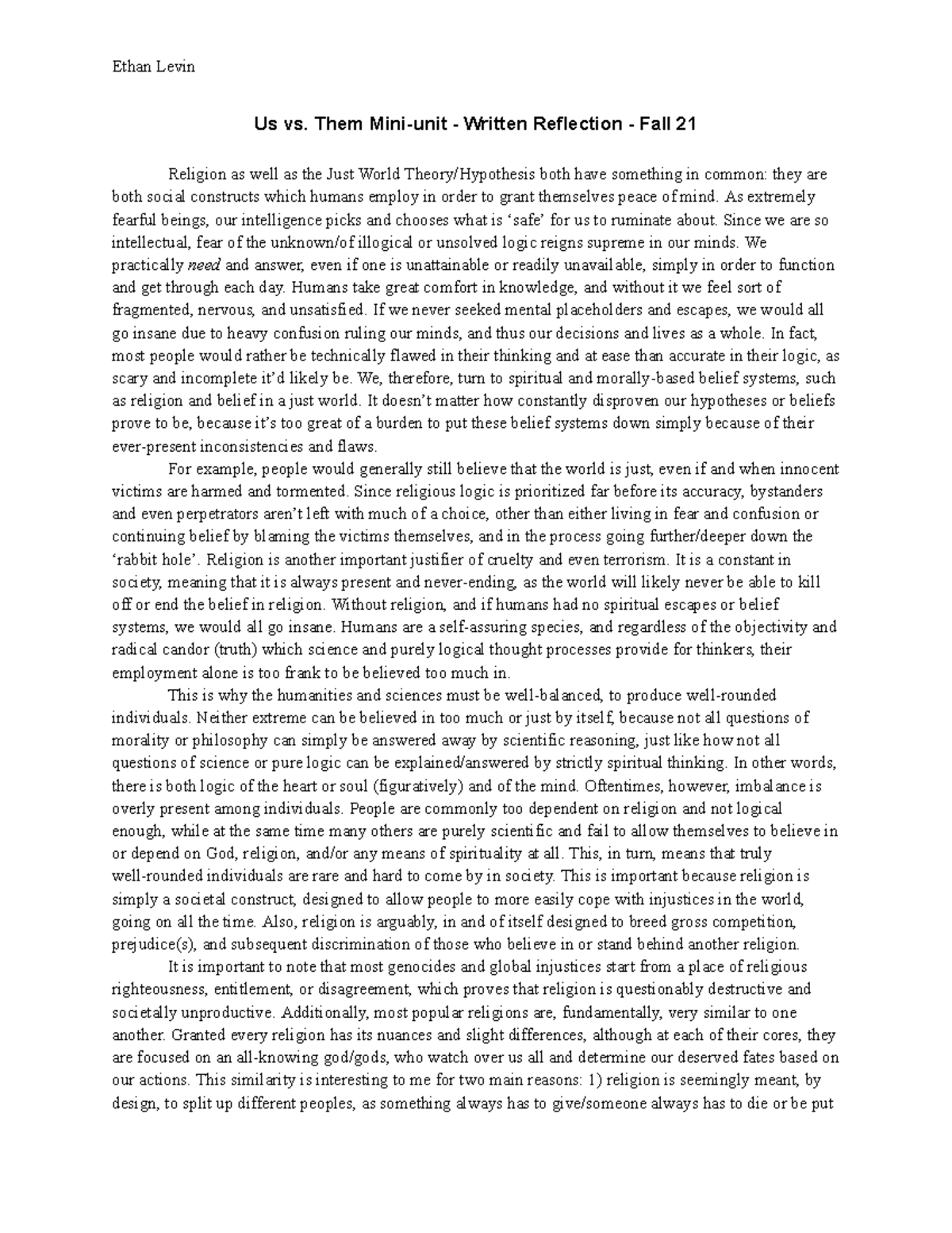 Ethan Levin - Us vs. Them Mini-unit - Written Reflection - Fall 21 ...