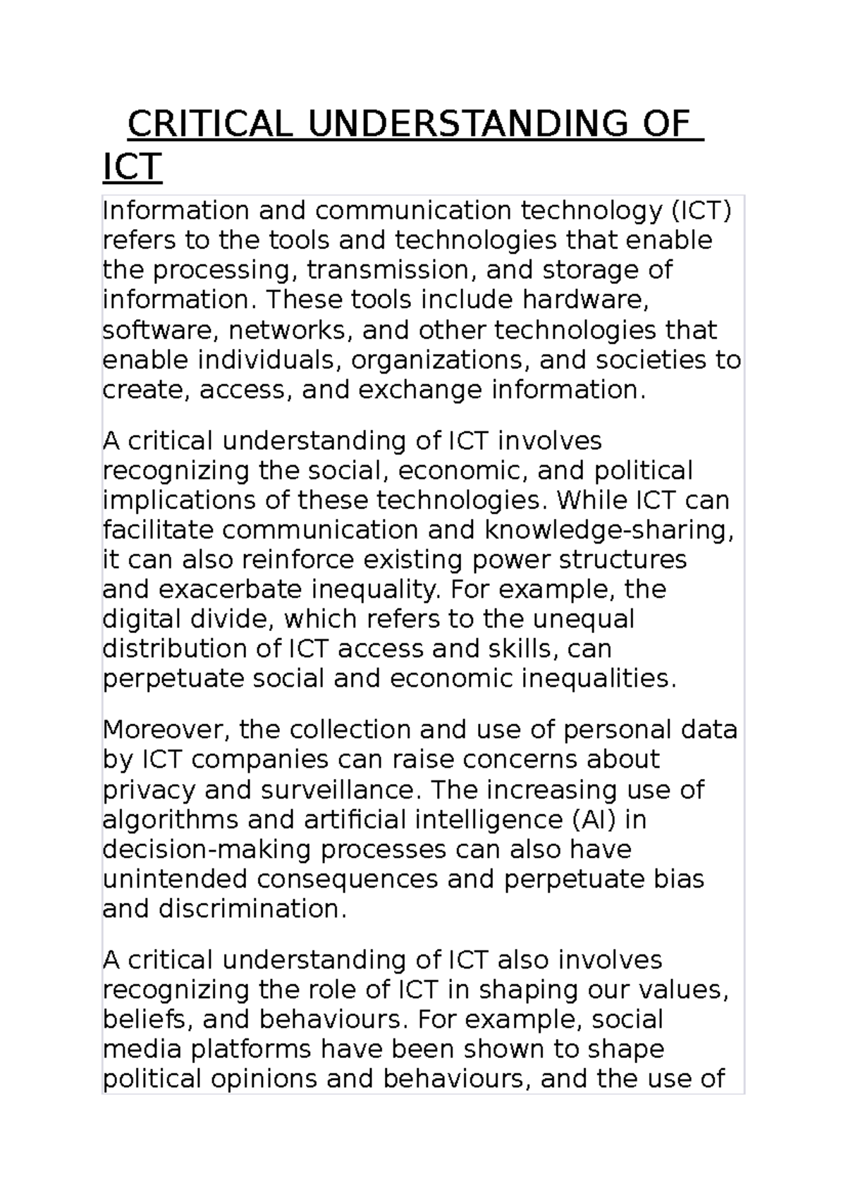 Critical Understanding OF ICT - CRITICAL UNDERSTANDING OF ICT ...