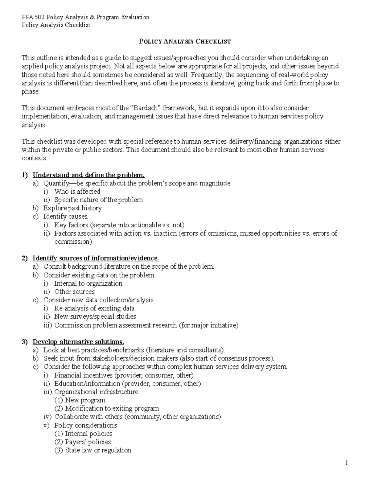 Policy Analysis Checklist - Not all aspects below are appropriate for ...
