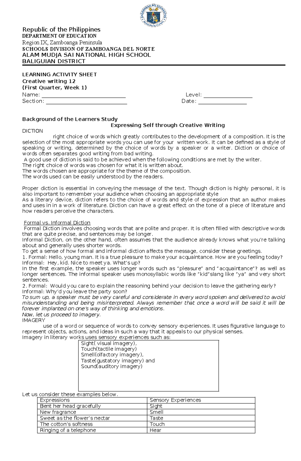 LAS Creative Writing 12 WK1 - Republic of the Philippines DEPARTMENT OF ...