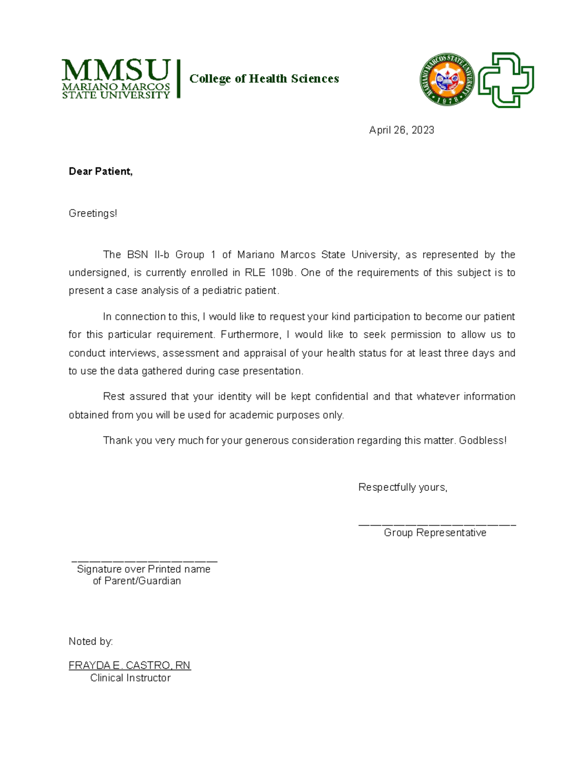 Letter-TO- Patient - none - April 26, 2023 Dear Patient, Greetings! The ...