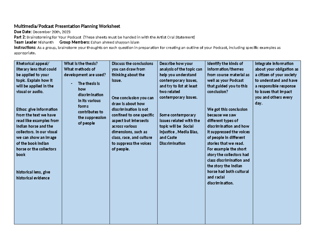 ENG3UMultimedia-Podcast Planning Sheet Dec. 2023) - Multimedia/Podcast ...