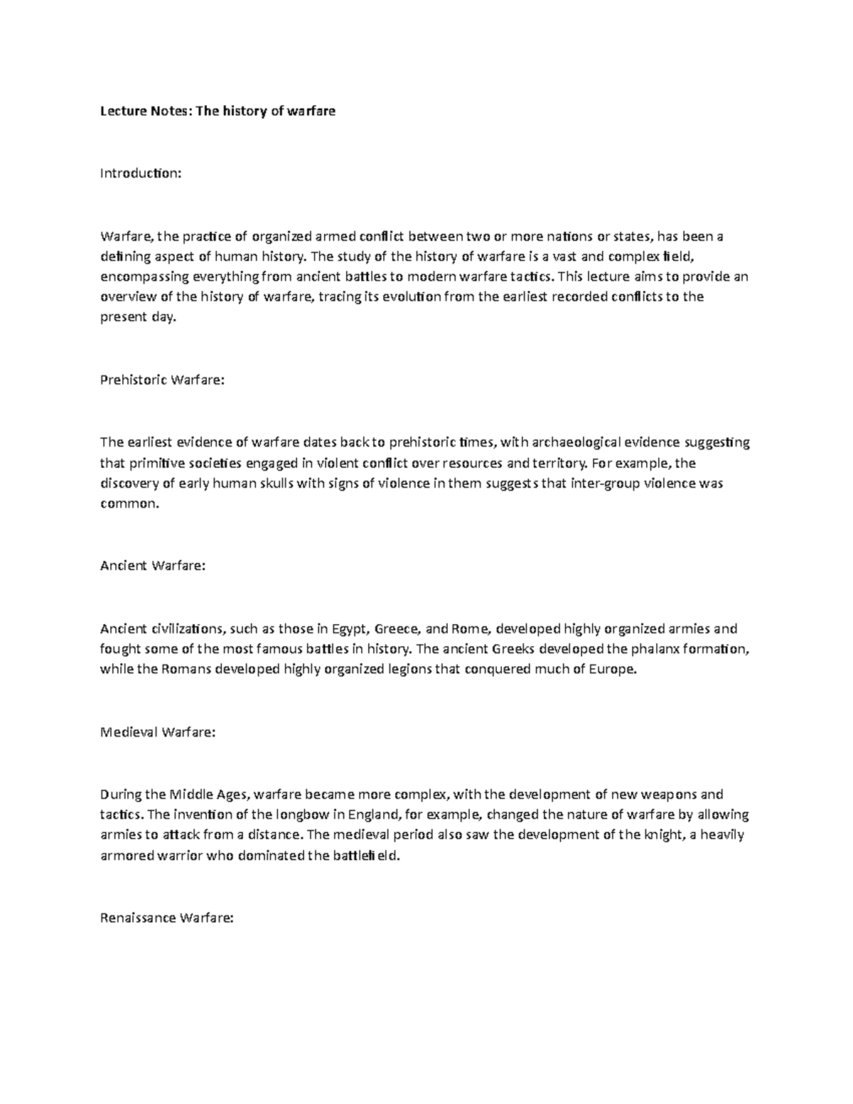 Lecture Notes: The history of warfare - Lecture Notes: The history of ...