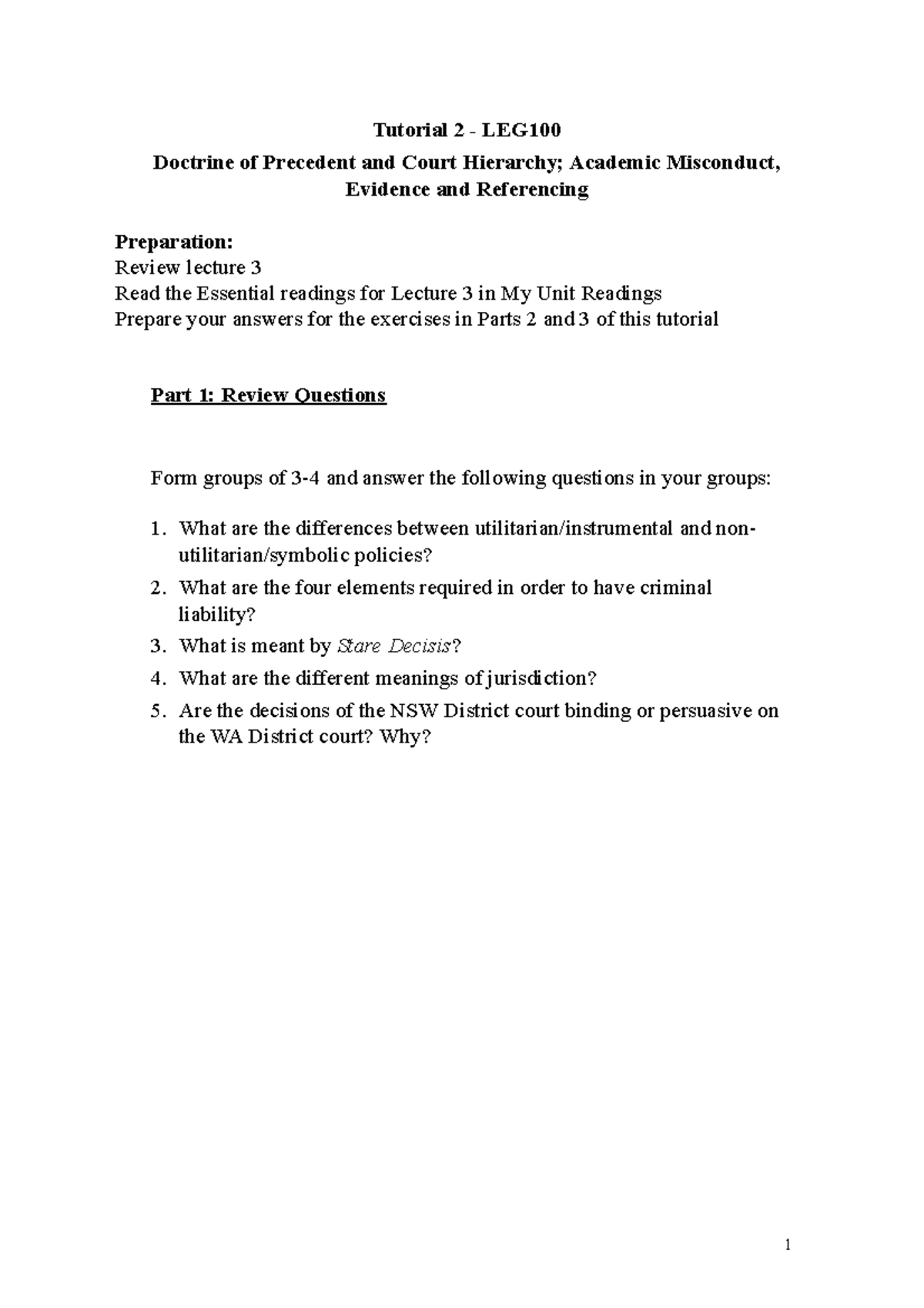 Tutorial 2 - Tutorial 2 - LEG Doctrine of Precedent and Court Hierarchy ...