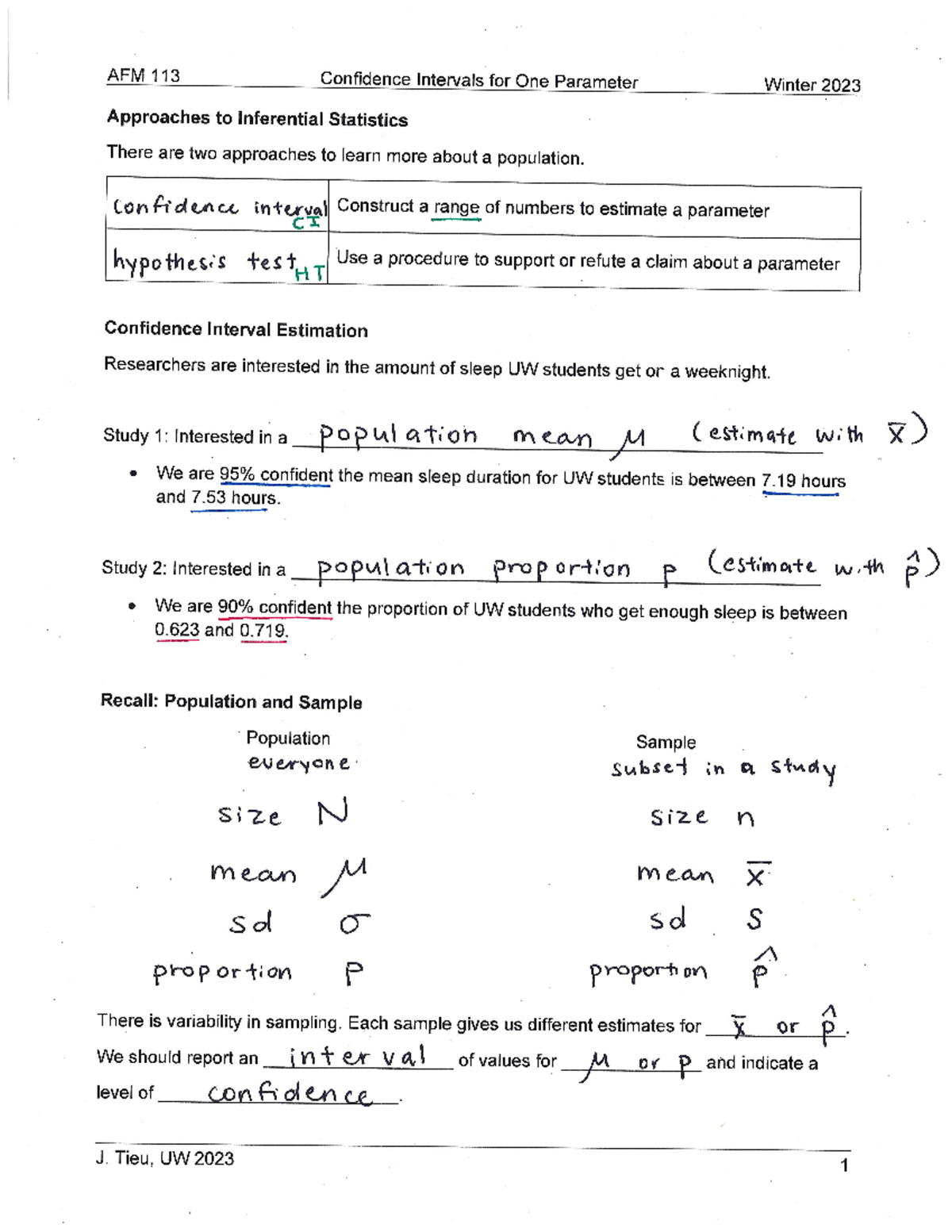 AFM 113 Annotated Notes - 8 - Confidence Intervals for One Parameter ...