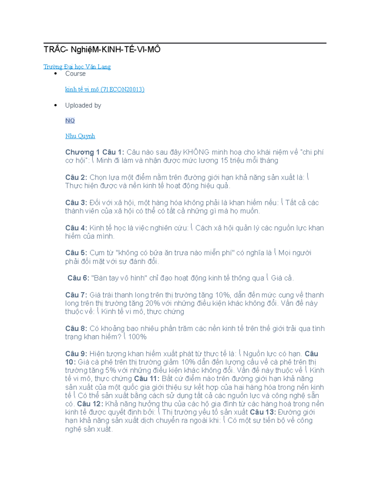 TRẮC nghiệm kte vĩ mô - .............. - TRẮC- NghiệM-KINH-TẾ-VI-MO Trường Đại học Văn Lang ...