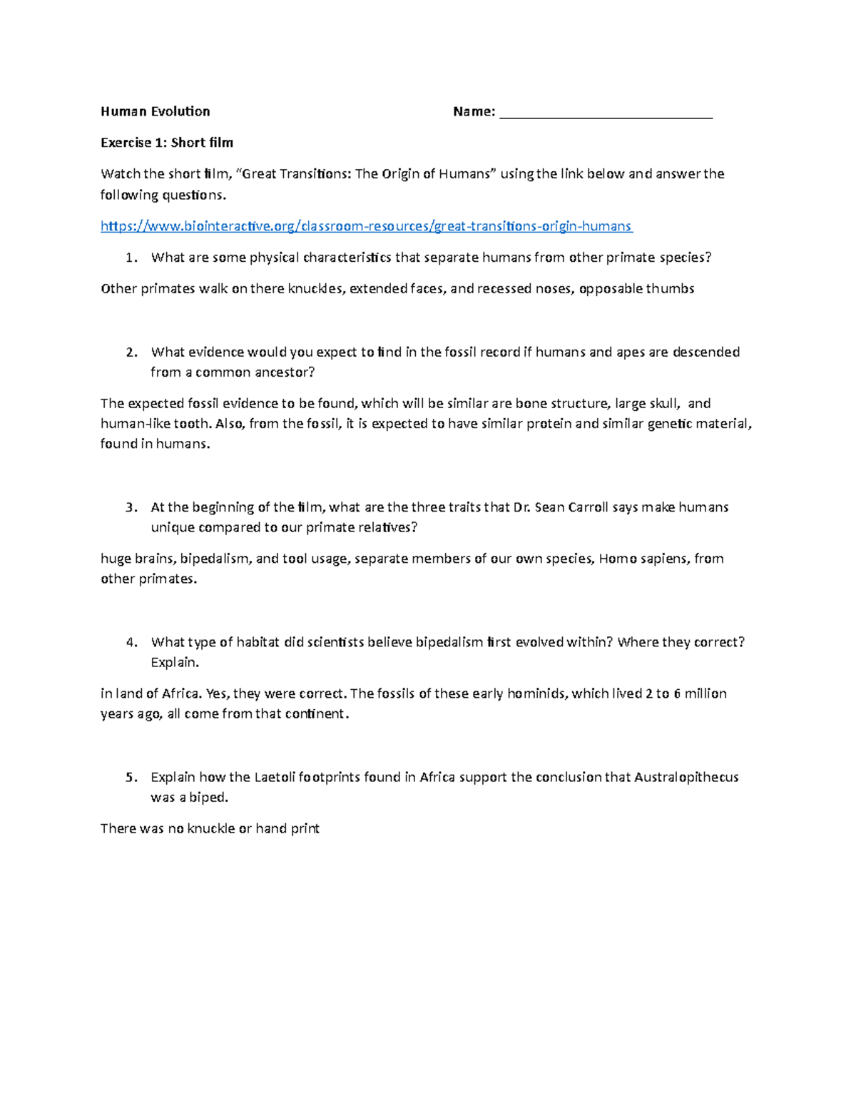 Lab 14 short film and skull comparison 1 - Human Evolution Name